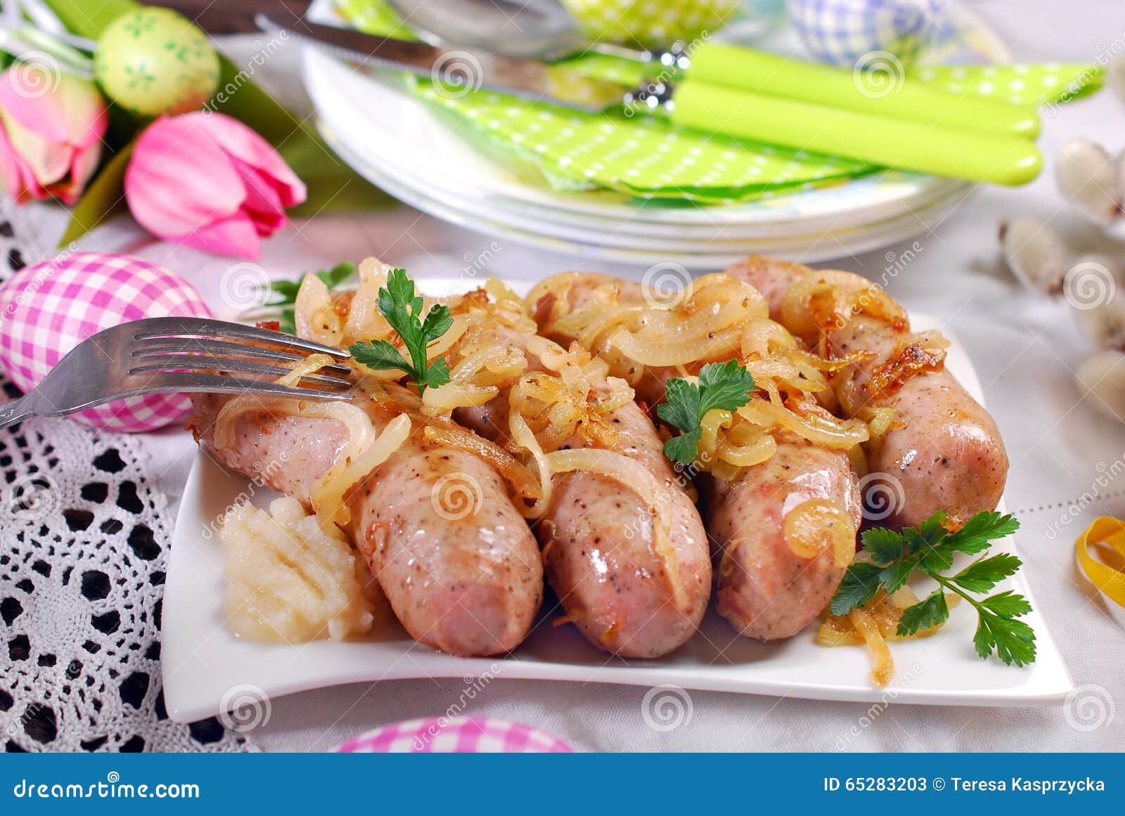 Roasted White Sausage with Onion for Easter Stock Image - Image of ...