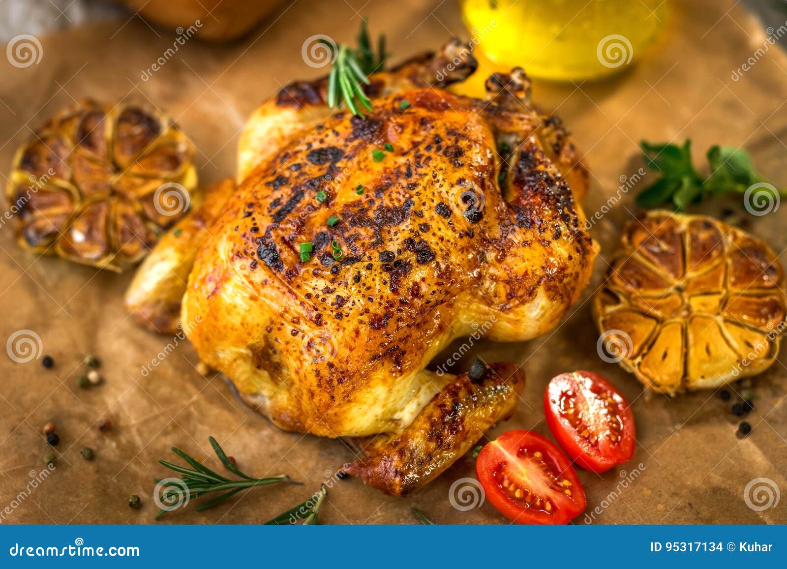 Roasted whole chicken stock photo. Image of closeup, prepared - 95317134
