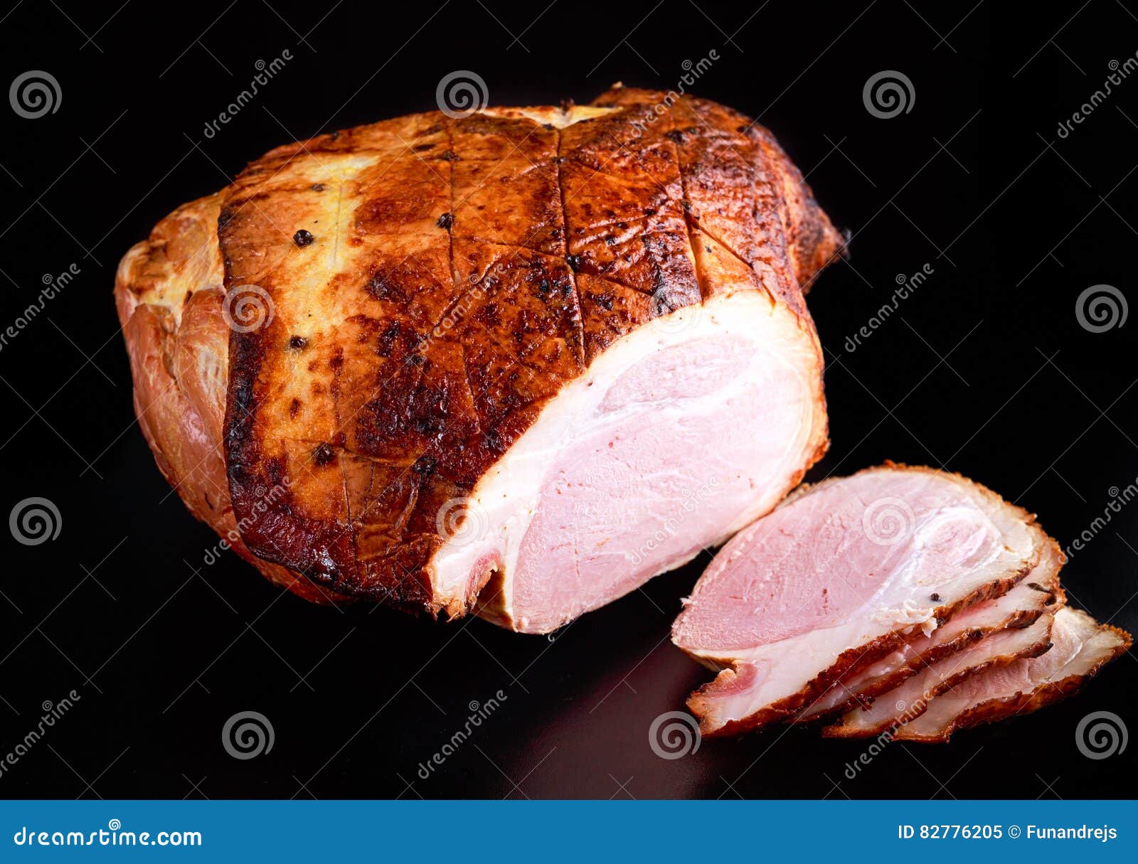 Roasted Whole Sliced Ham on Dark Background Stock Image - Image of ...