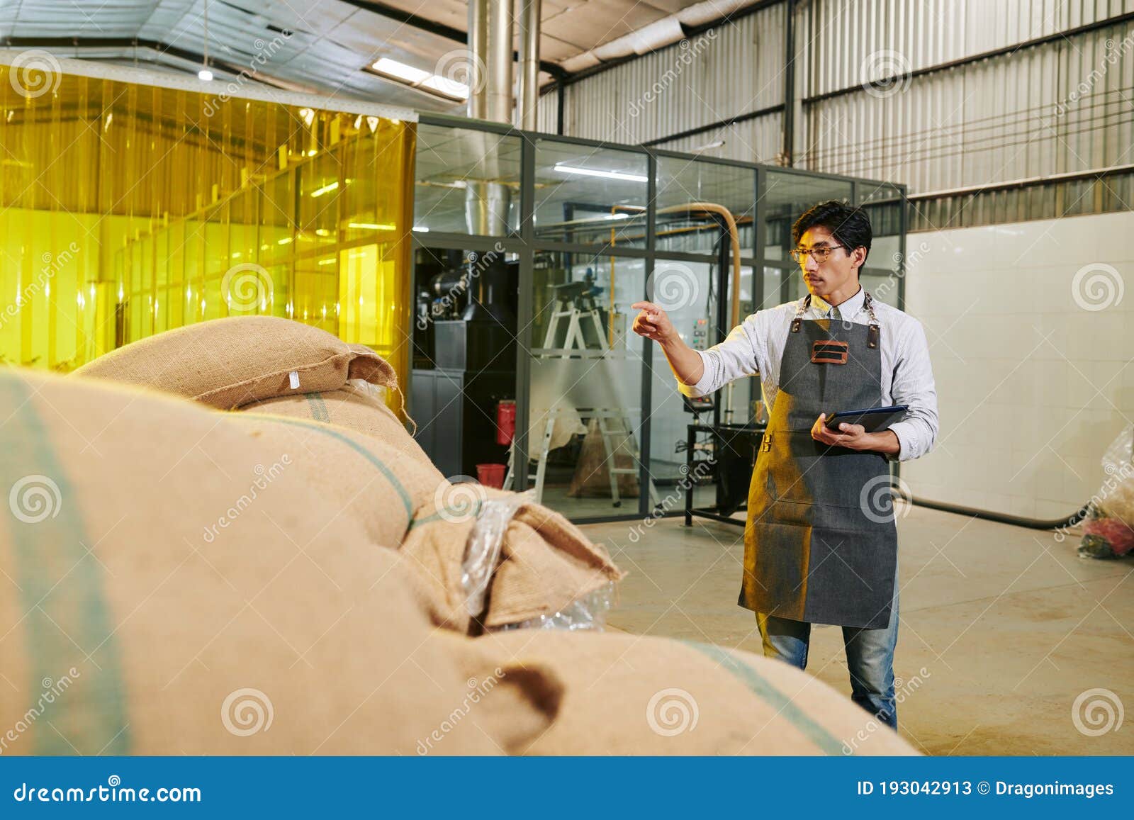 Roastery Owner Counting Sacks Stock Image - Image of document, manager ...