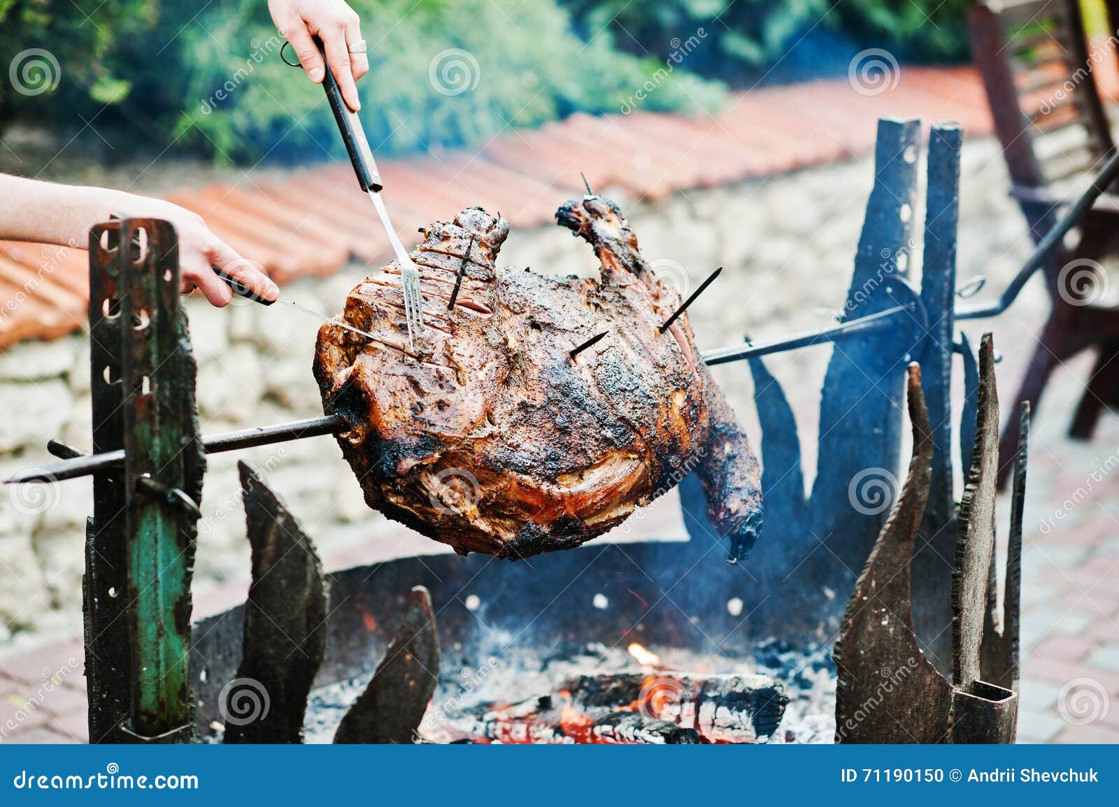 Roasting Barbecue is Prepared of a Ram, Lamb or Sheep Stock Photo ...