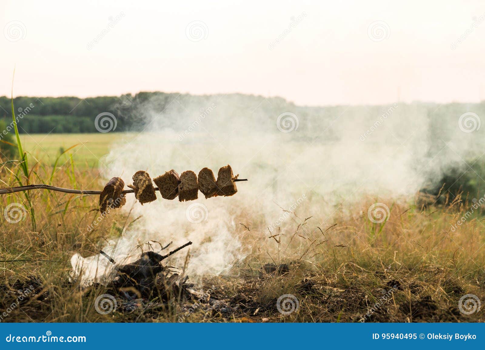Roasting Bread on Open Fire and Smoke Stock Image - Image of wild ...