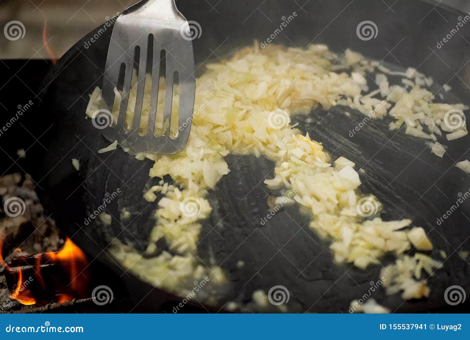Roasting Onions in Pan with Oil on Fire Stock Image - Image of closeup ...