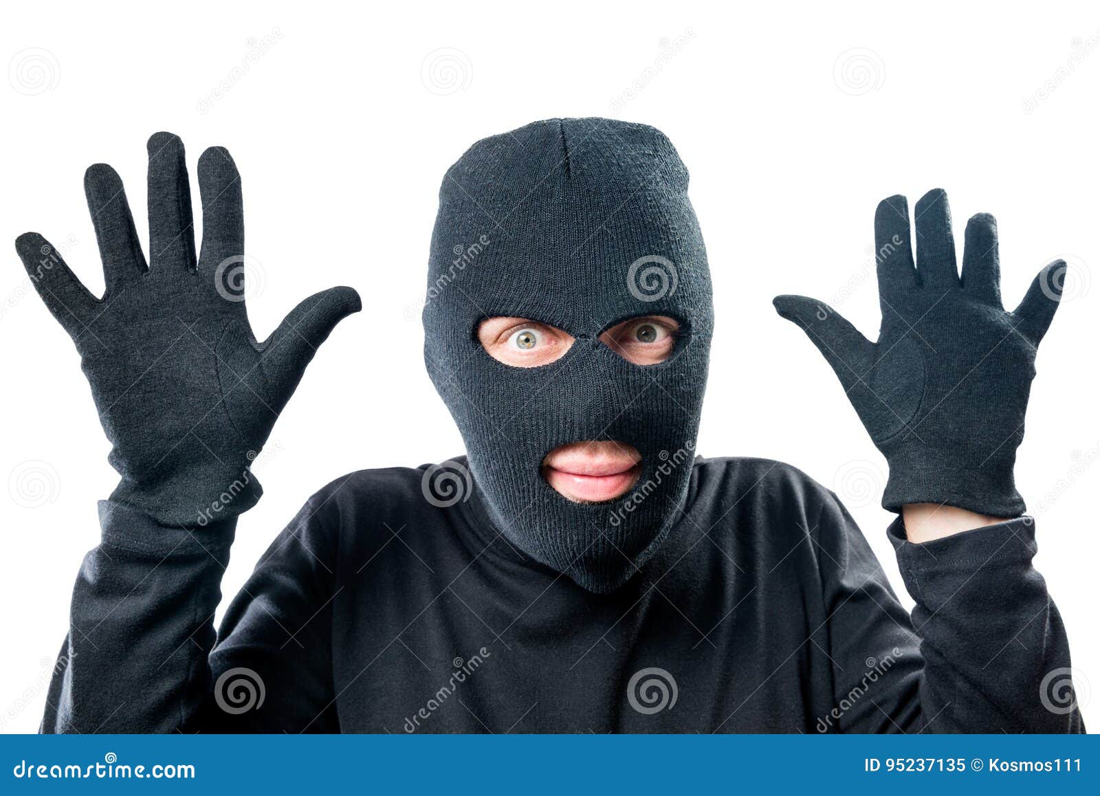 Robber in Black Protective Clothing with Hands Up Close-up Stock Image ...