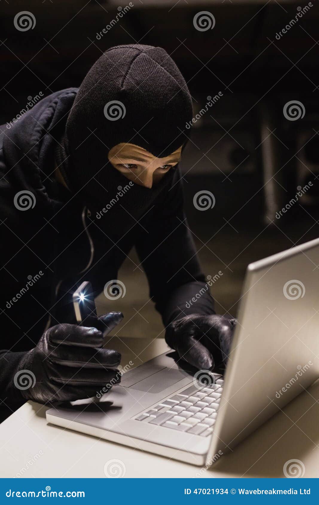 Robber Hacking a Laptop while Making Light with His Phone Stock Photo ...