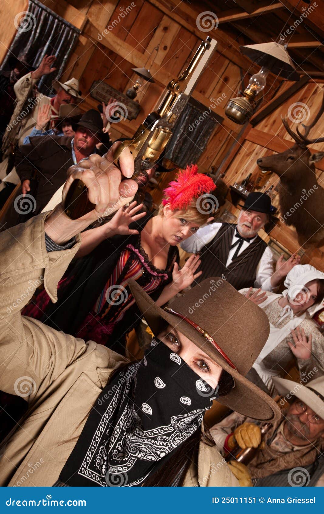 Robber Holds Up Customers in Saloon Stock Image - Image of group ...