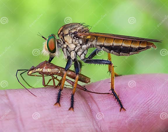 Robberfly with Prey on the Finger Stock Photo - Image of insect ...