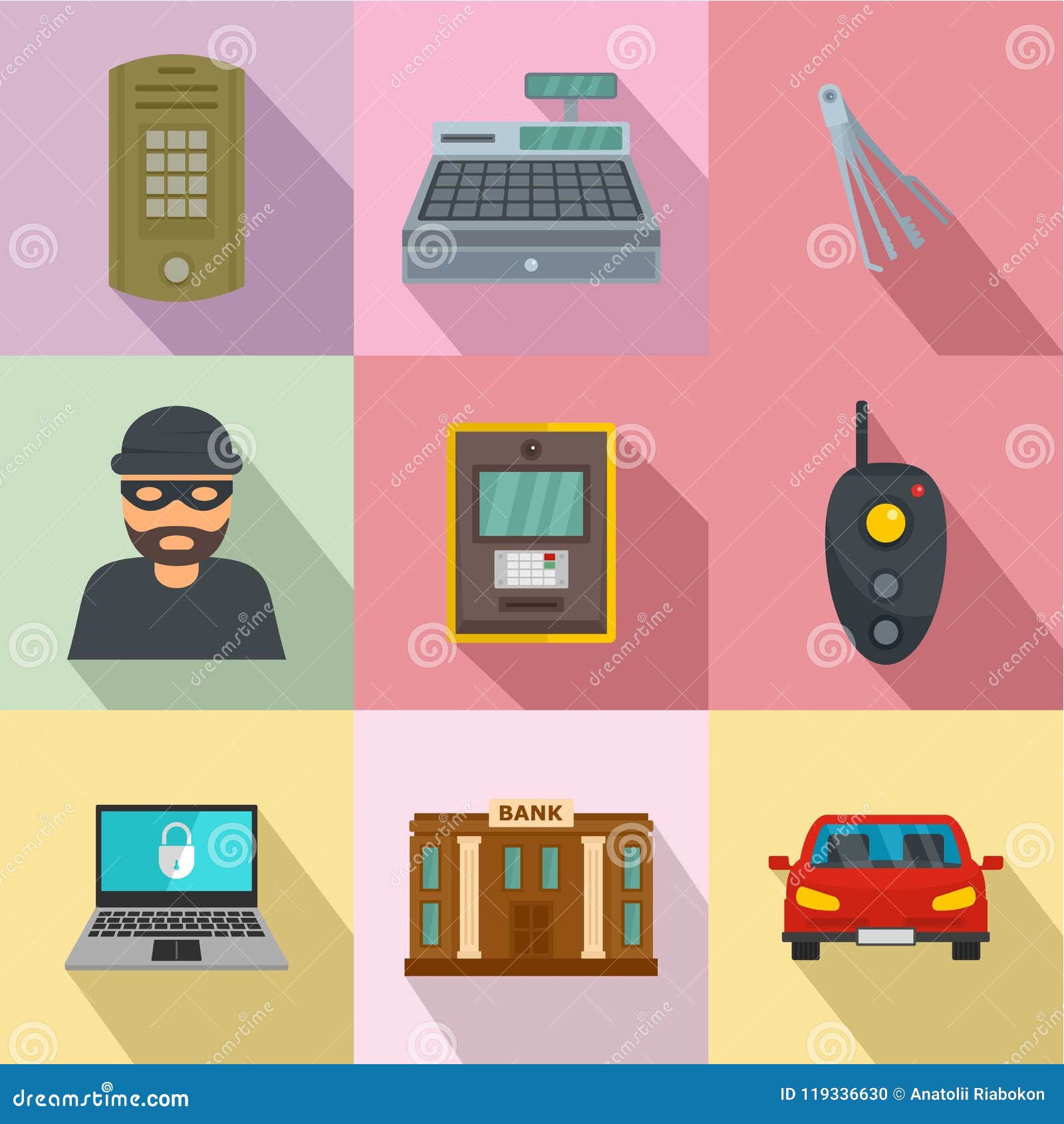 Robbery Icons Set, Flat Style Stock Vector - Illustration of assault ...