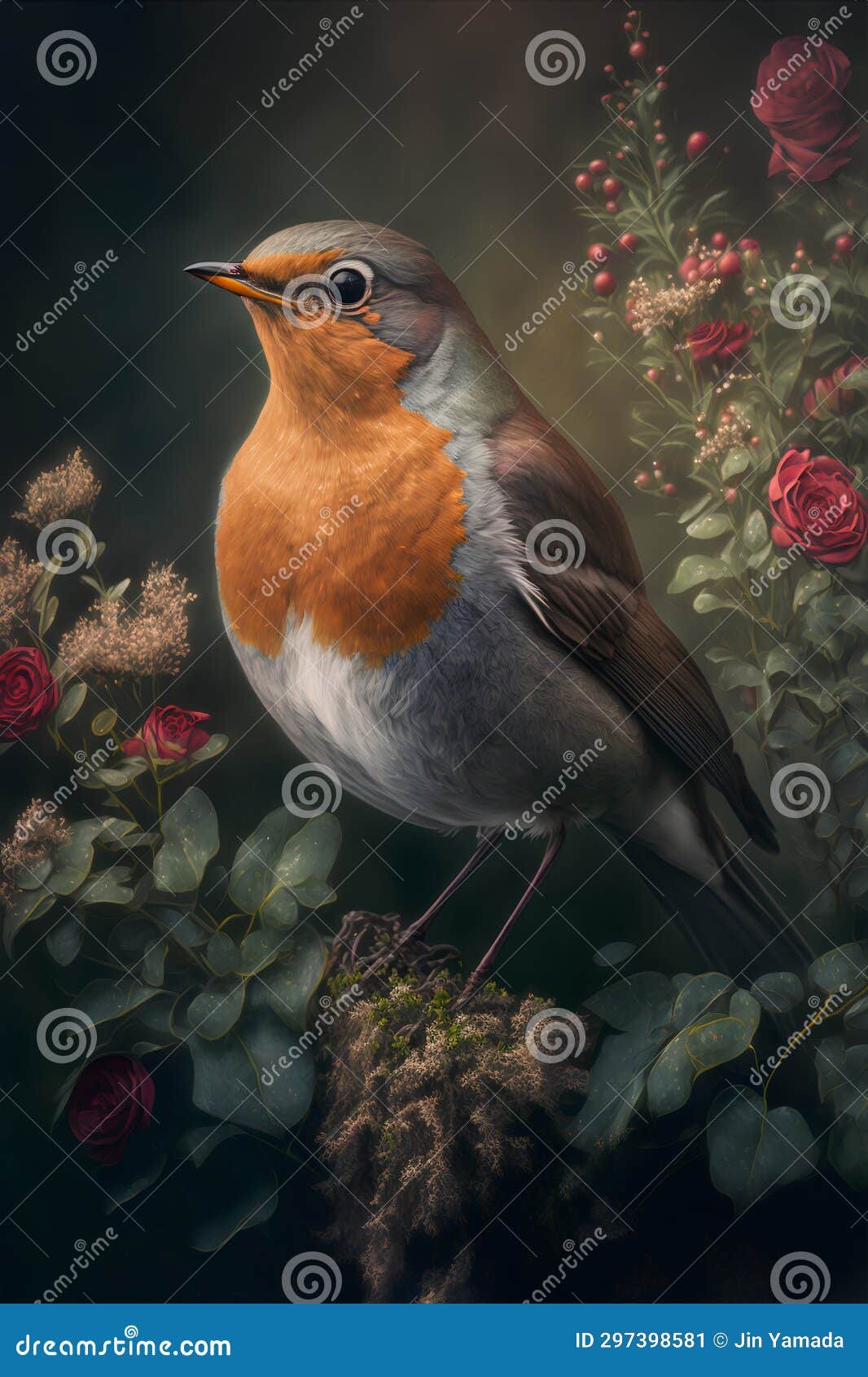 Robin Bird with Red Flowers on Dark Background. 3d Illustration Stock ...