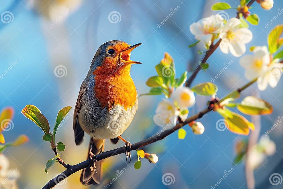 Robin Bird Singing on a Blossoming Branch in Spring Light Stock ...