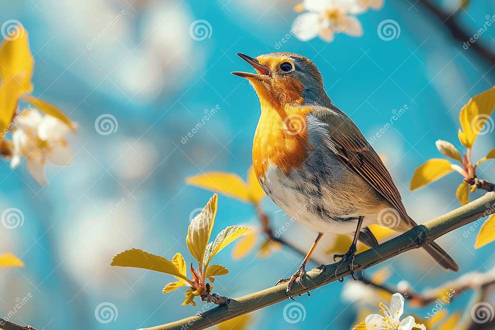 Robin Bird Singing on a Blossoming Branch in Spring Light Stock ...