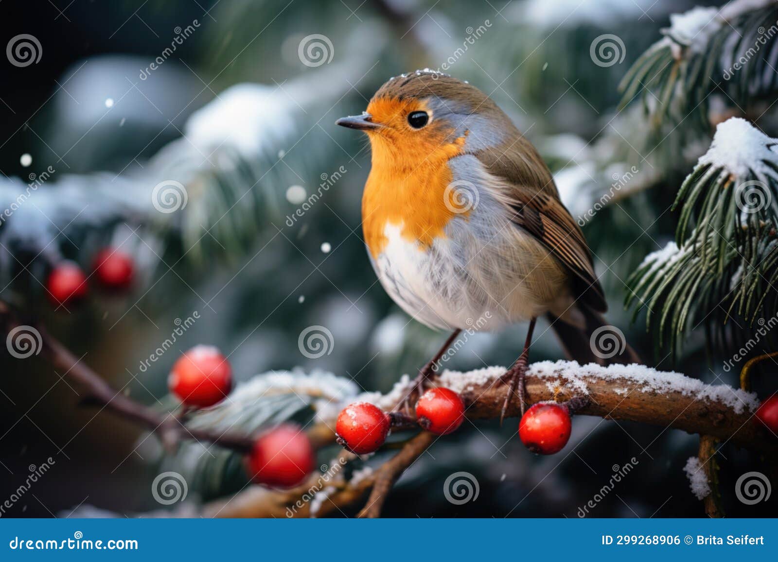 A Robin Bird on a Snowy Tree in the Cold Winter Stock Illustration ...