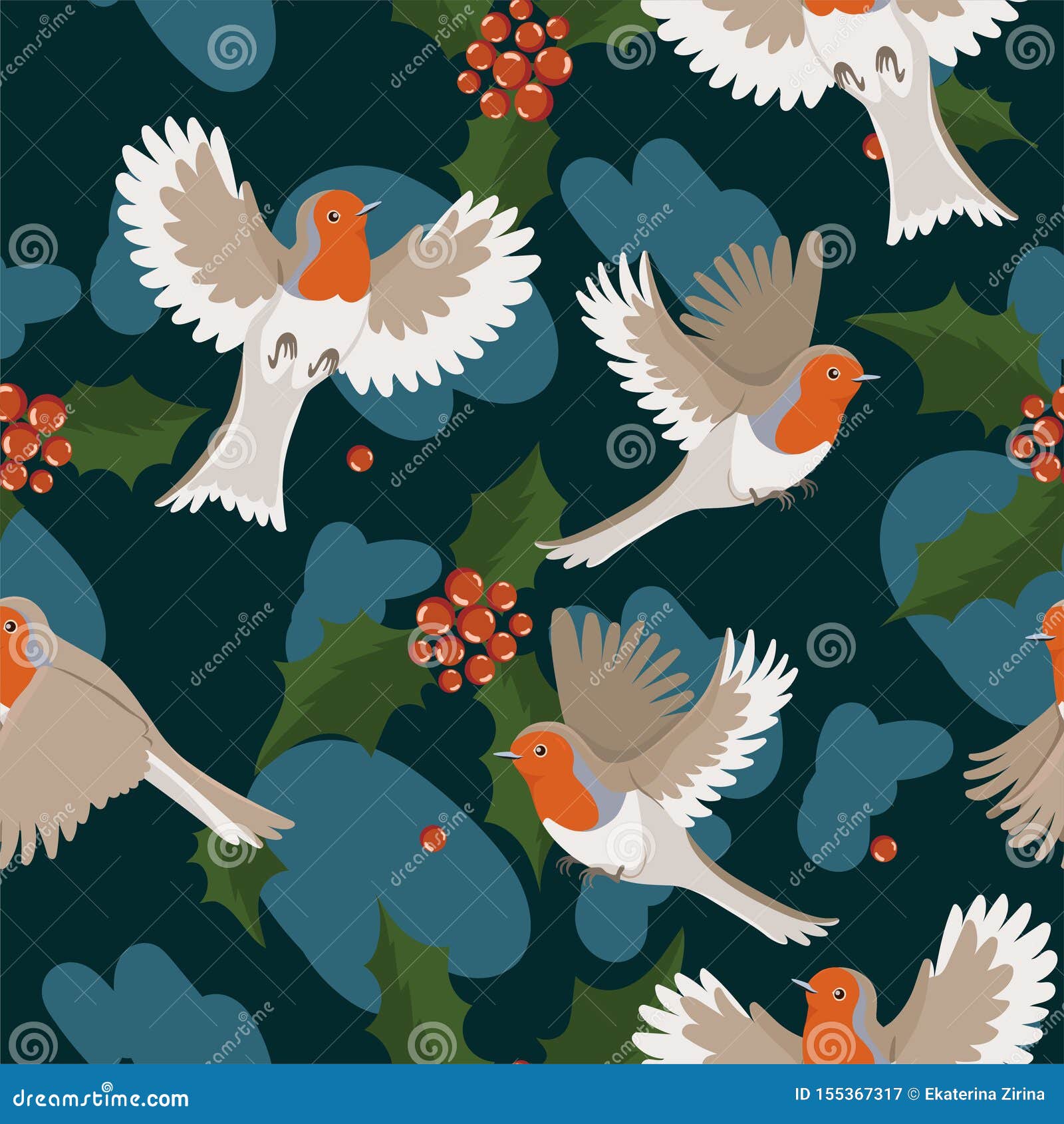 Robin Birds Seamless Pattern with Berries and Leaves. Vector Graphics ...