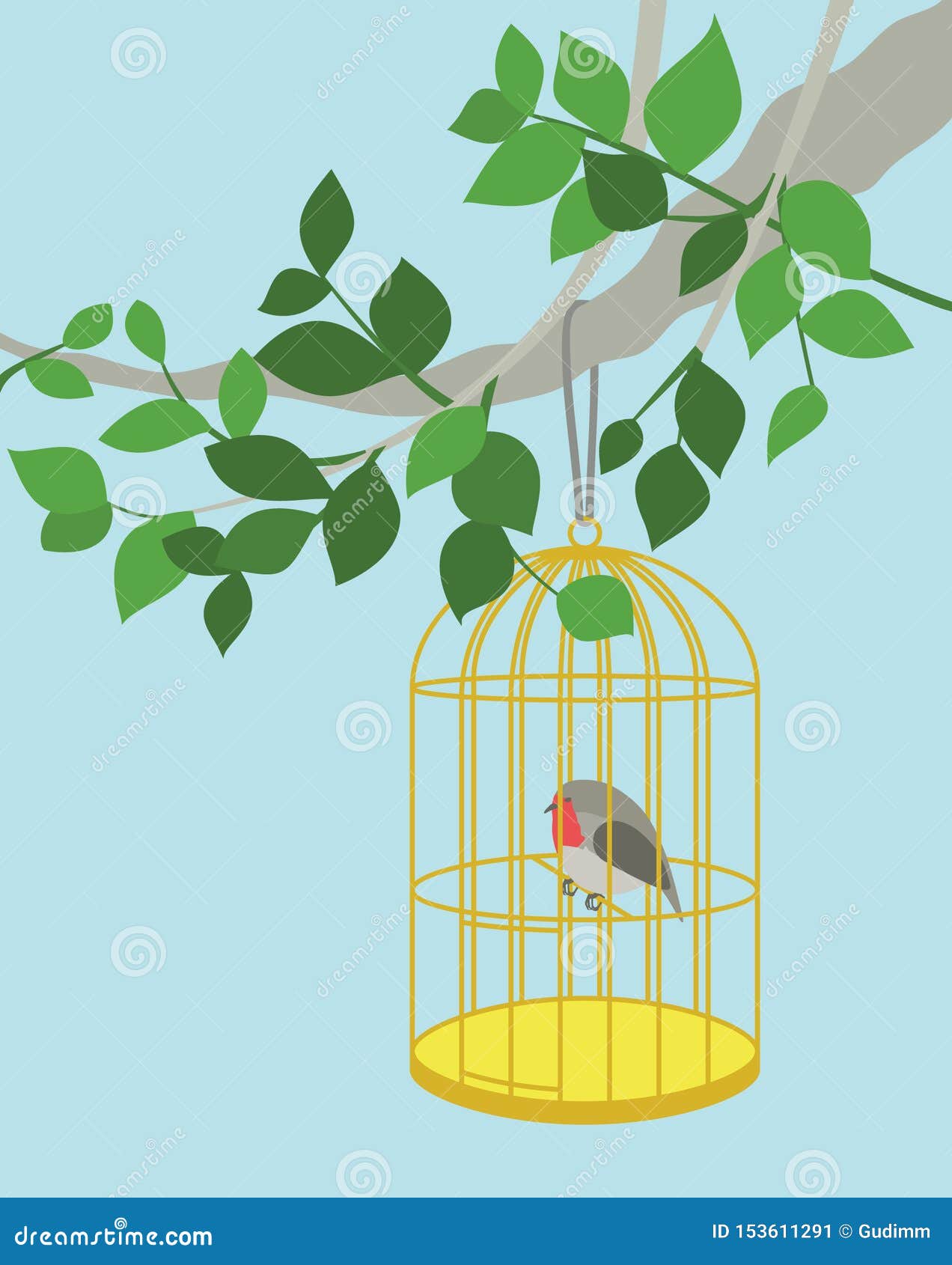 The Robin in the Cage Hanging on the Tree Branch Stock Vector ...