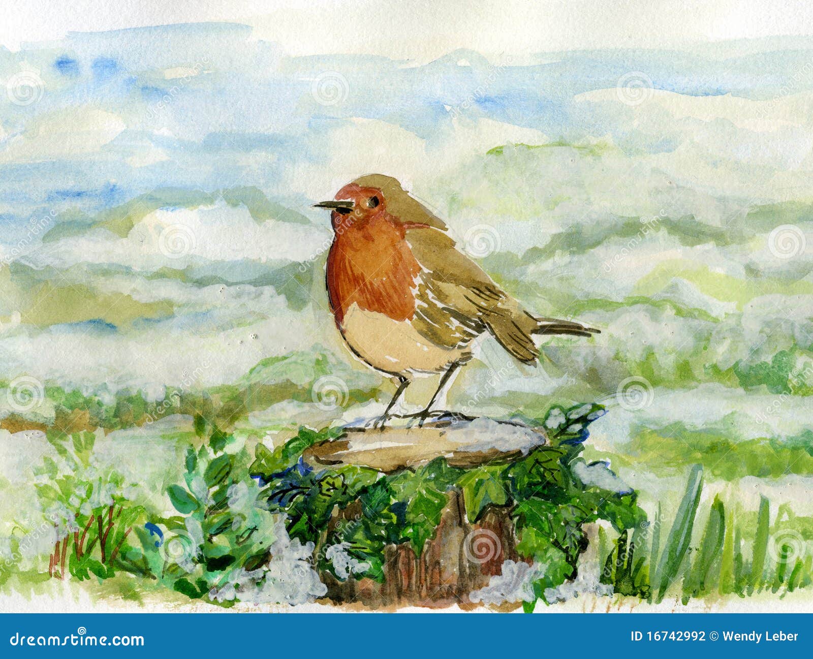 Robin on an Ivy Covered Log in Snowy Scene. Stock Illustration ...