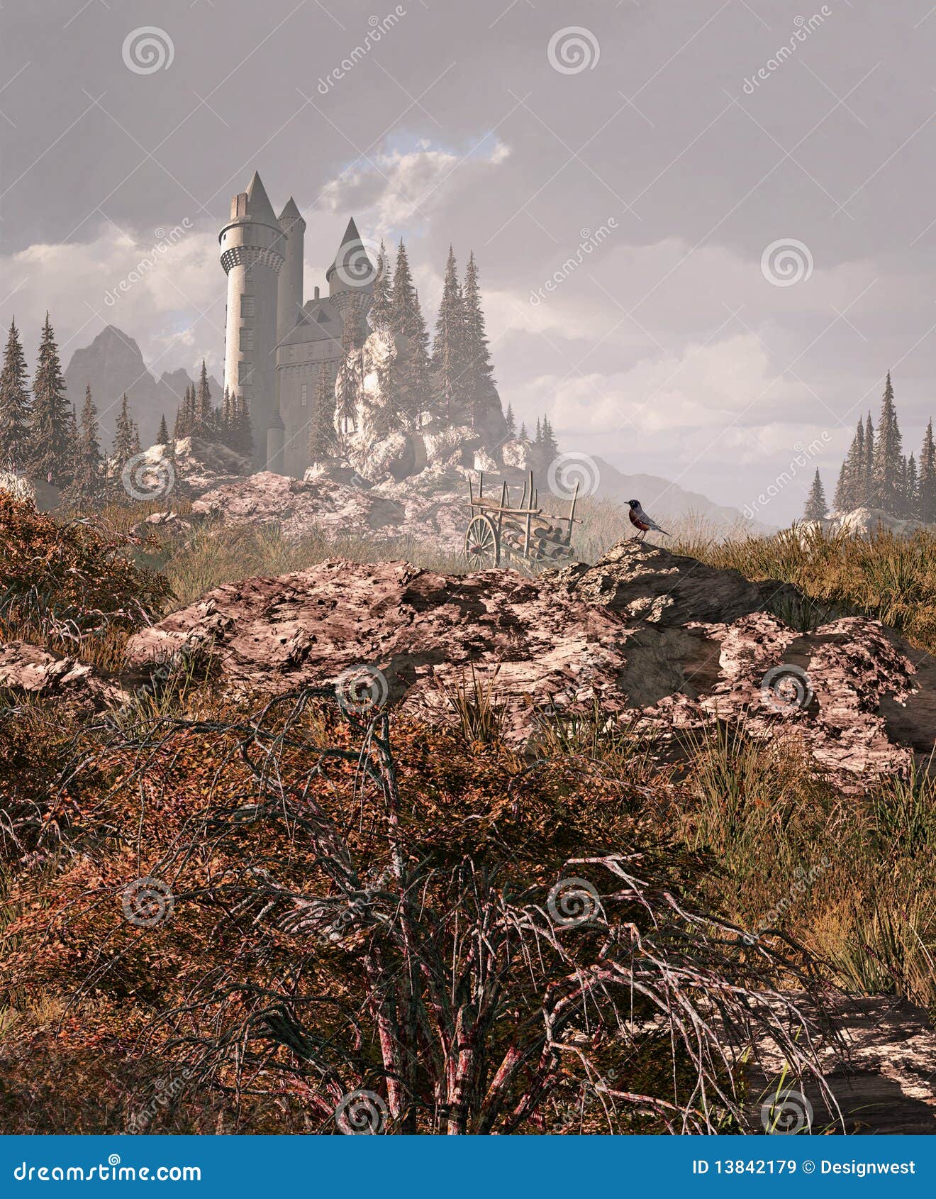 Robin and Medieval Castle in the Mountains Stock Illustration ...