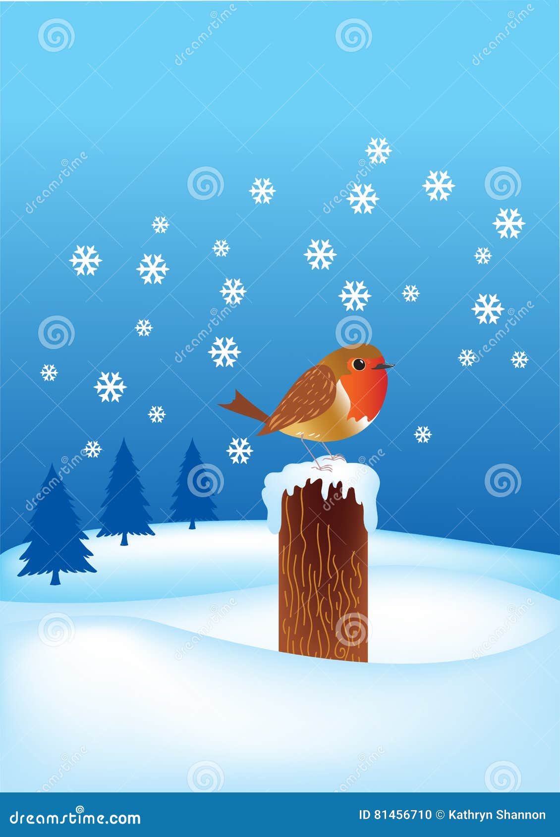 Robin Redbreast Perched on a Post in the Snow Stock Vector ...