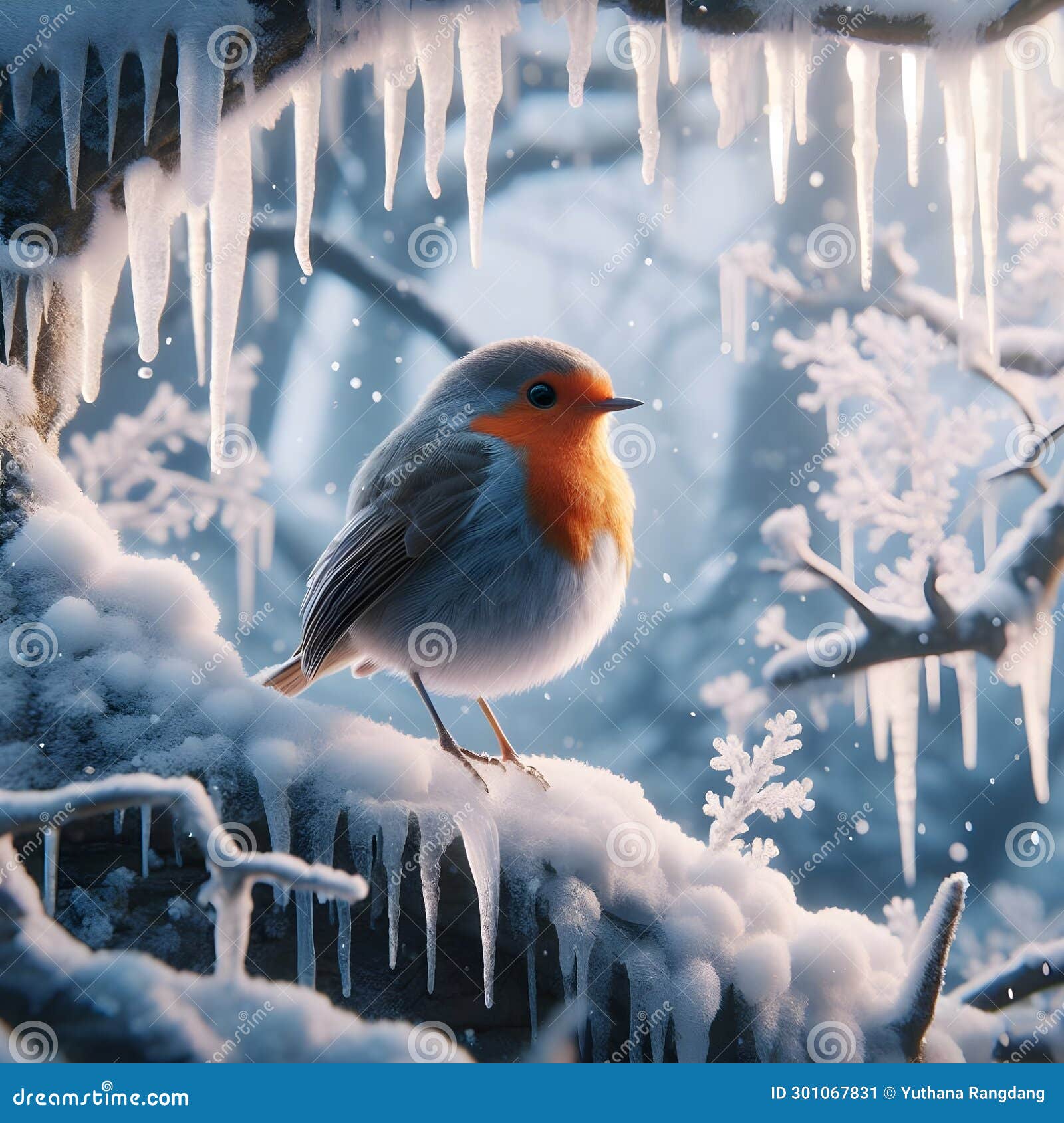 Robin in snowy tree. stock illustration. Illustration of wallpaper ...