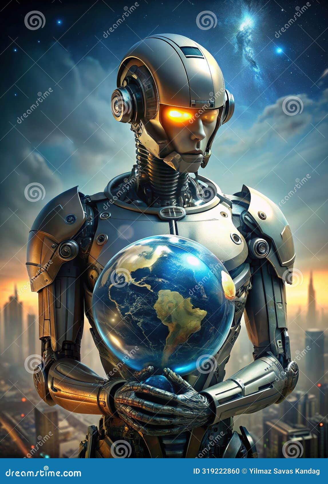 Robot Age. New Generation Robots. Robot Holding a World Globe Stock ...