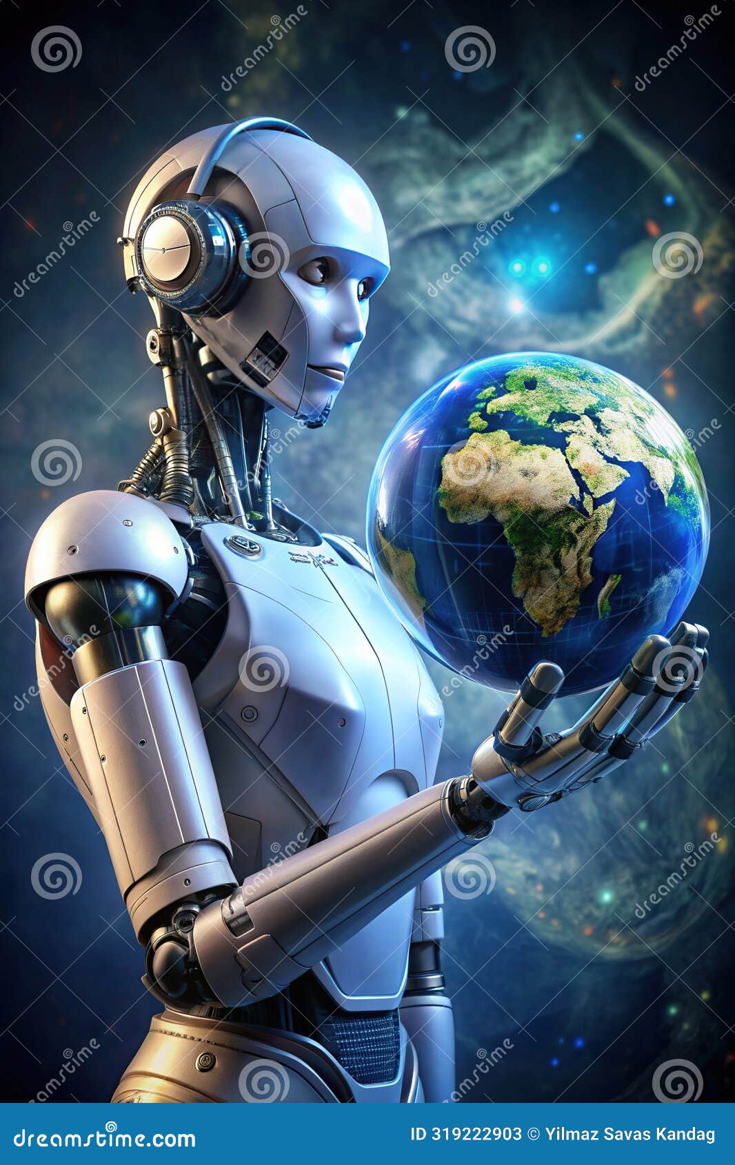 Robot Age. New Generation Robots. Robot Holding a World Globe Stock ...