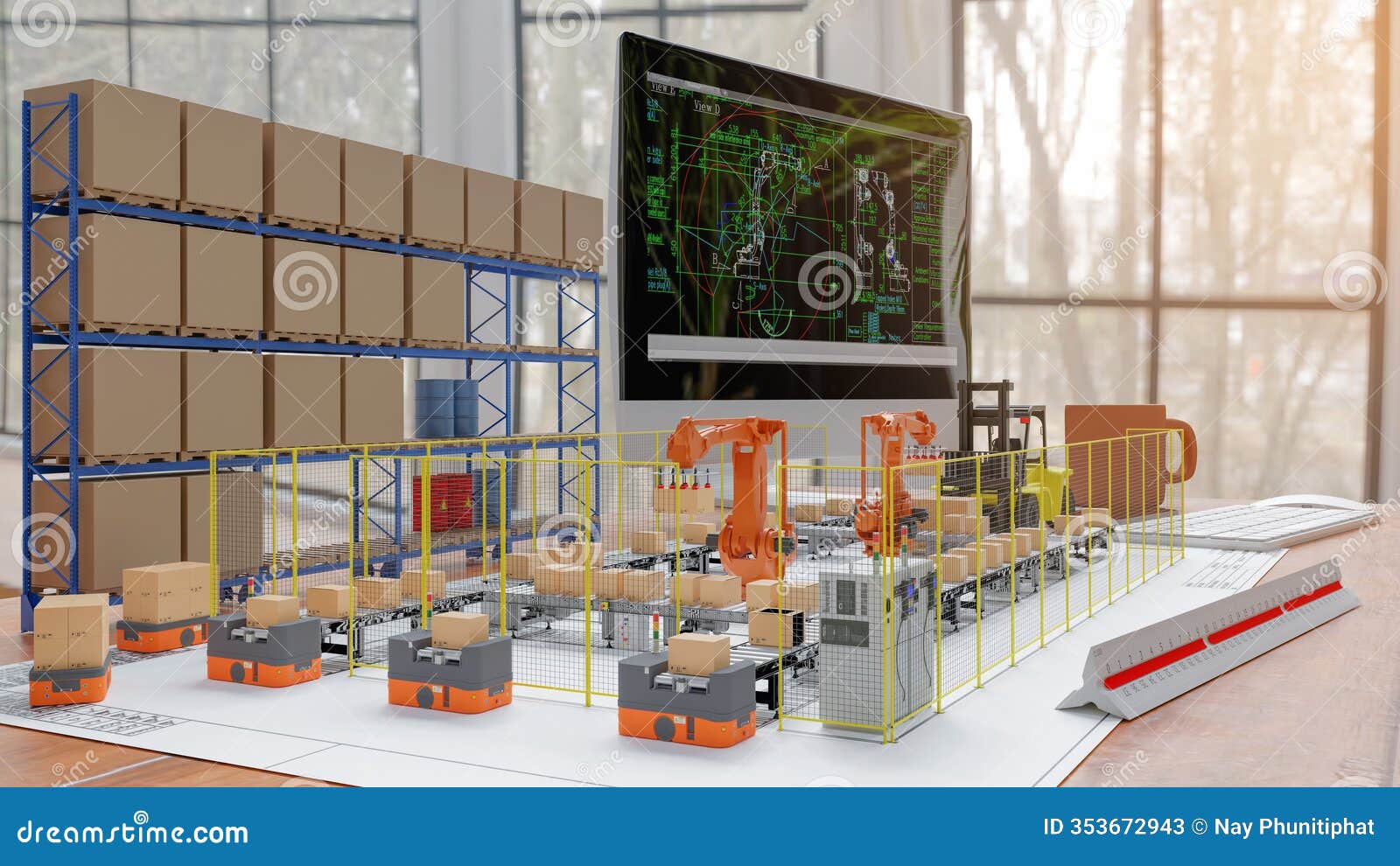 Robot and AGV Model on Engineer S Desktop Stock Illustration ...