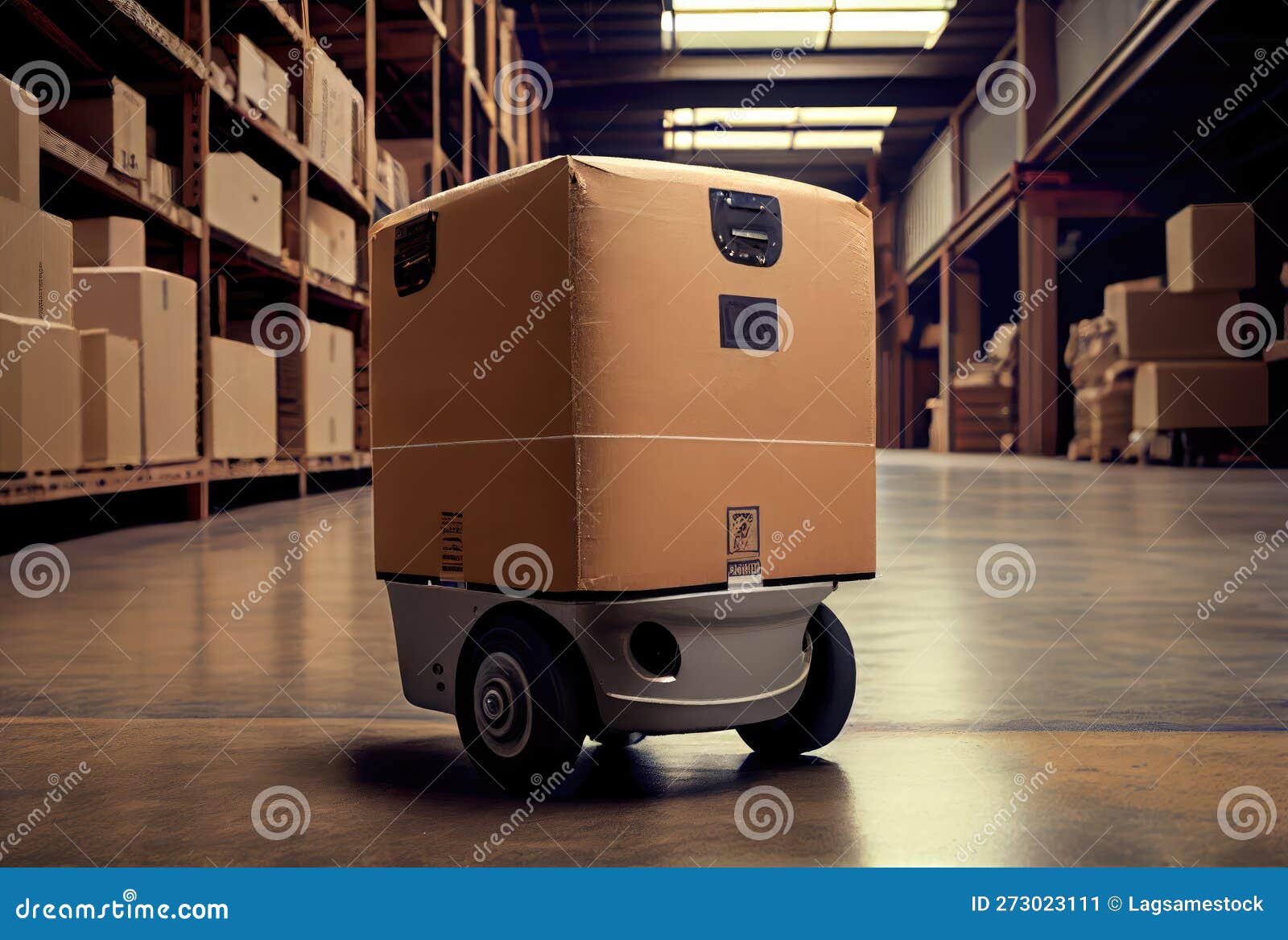 Robot AGV Transporting Cardboard Box in Warehouse Background ...
