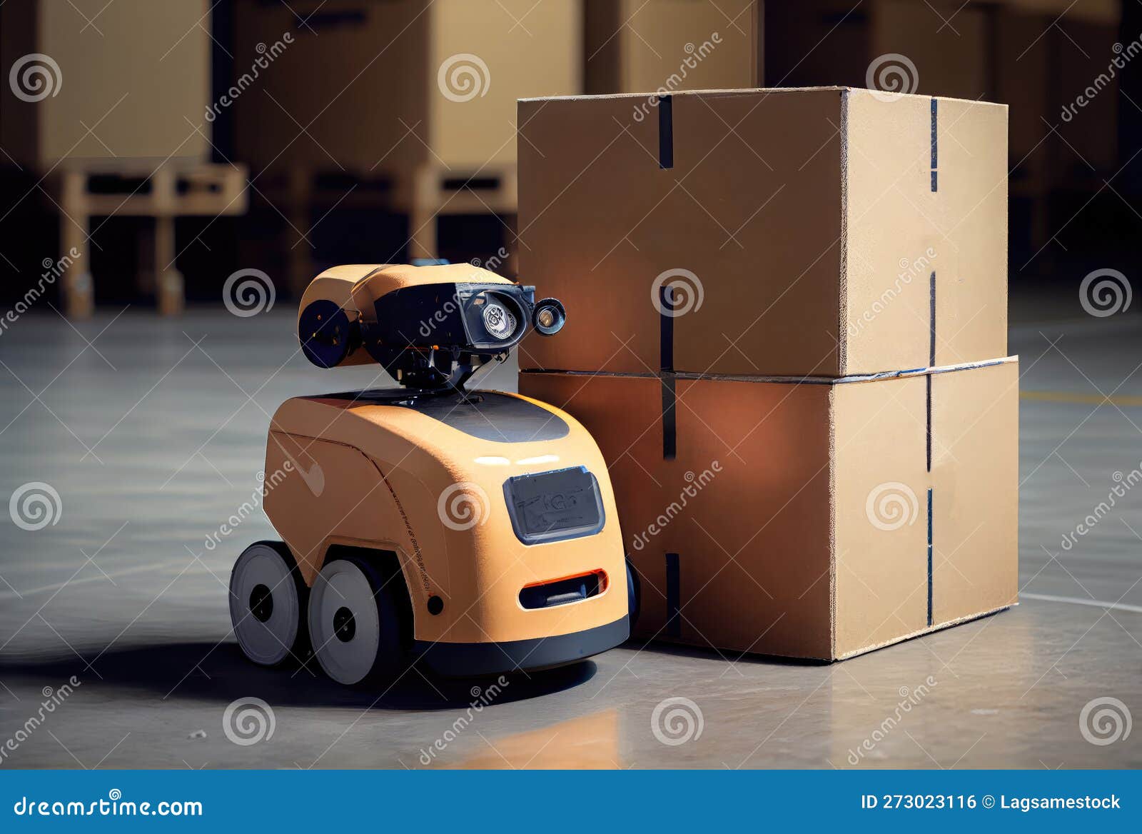 Robot AGV Transporting Cardboard Box in Warehouse Background ...