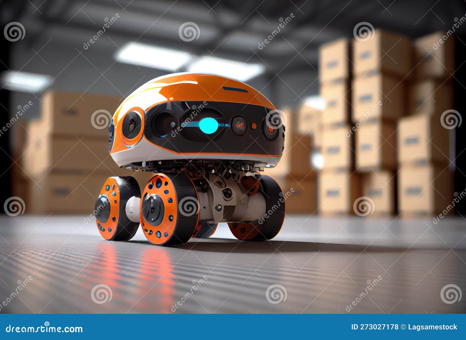 Robot AGV Transporting Cardboard Box in Warehouse Background ...