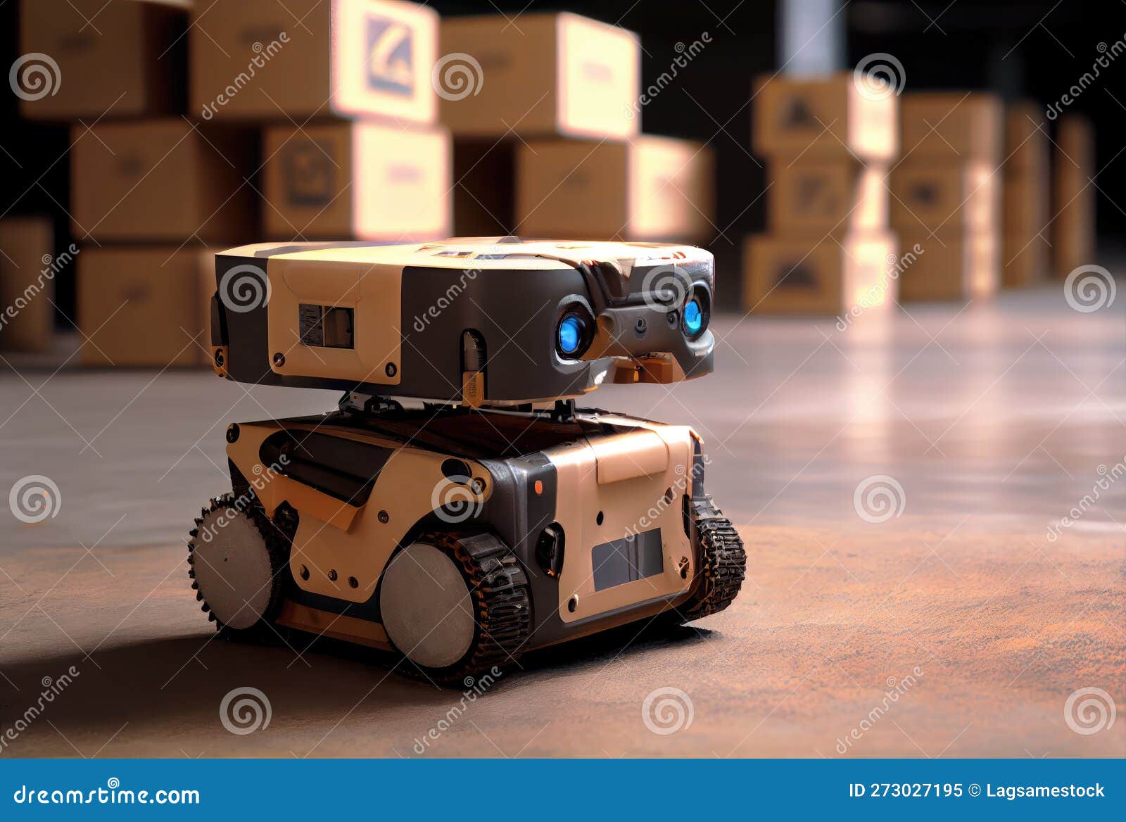 Robot AGV Transporting Cardboard Box in Warehouse Background ...