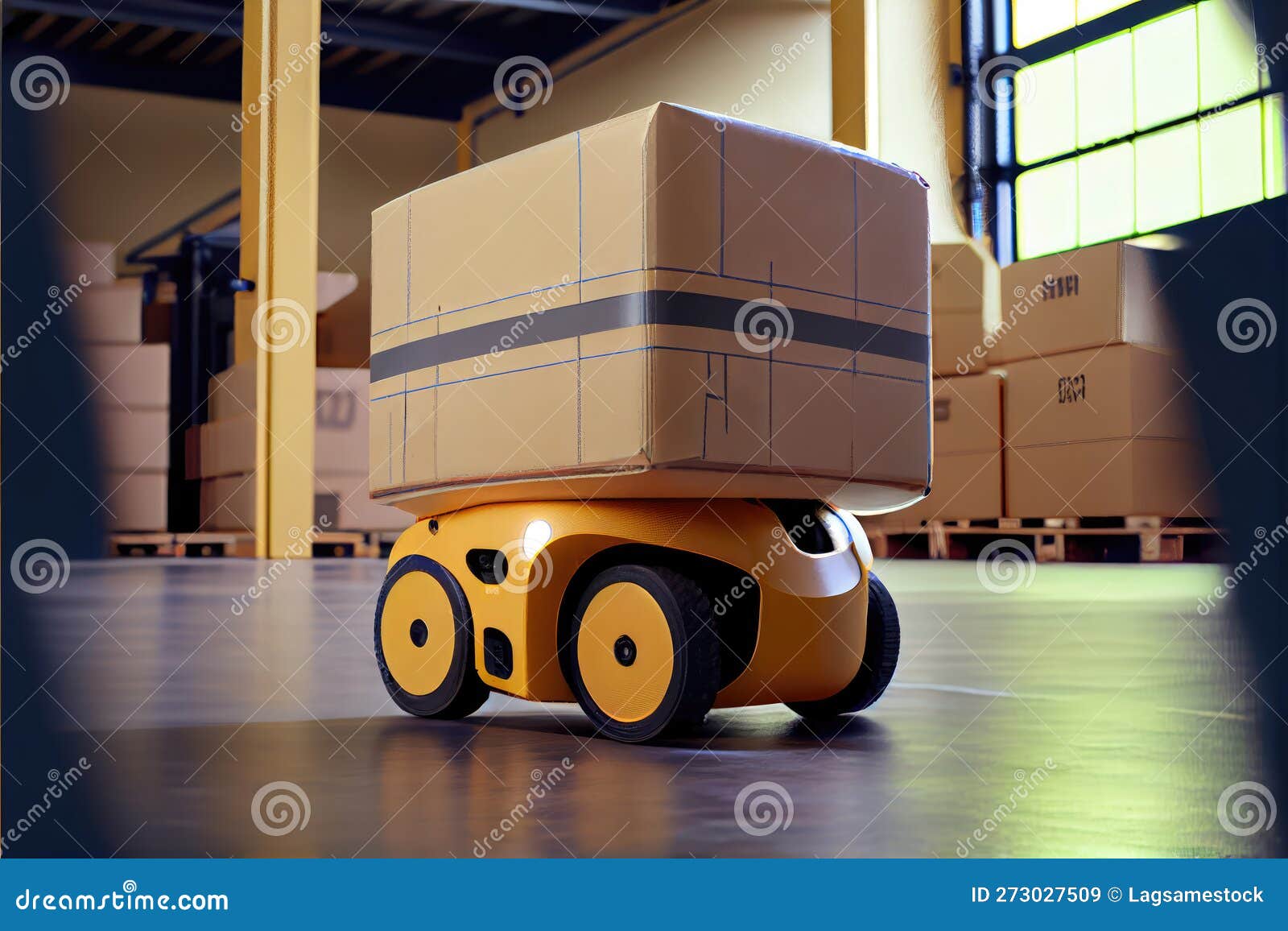 Robot AGV Transporting Cardboard Box in Warehouse Background ...