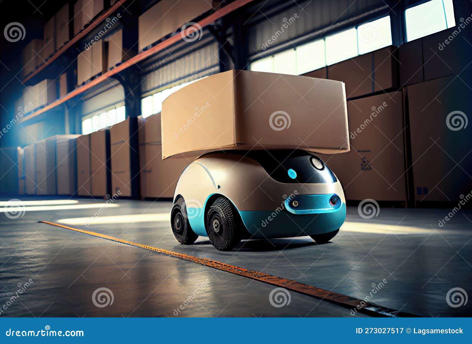 Robot AGV Transporting Cardboard Box in Warehouse Background ...