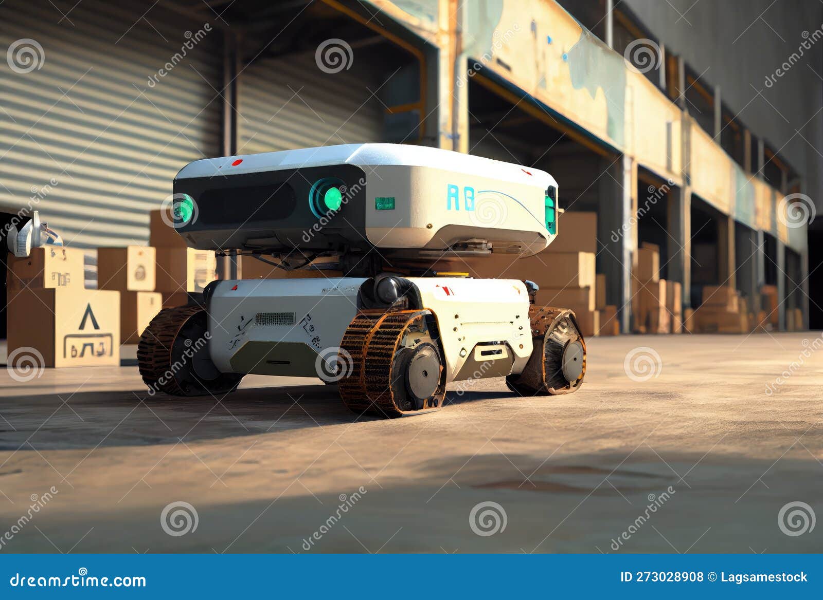 Robot AGV Transporting Cardboard Box in Warehouse Background ...