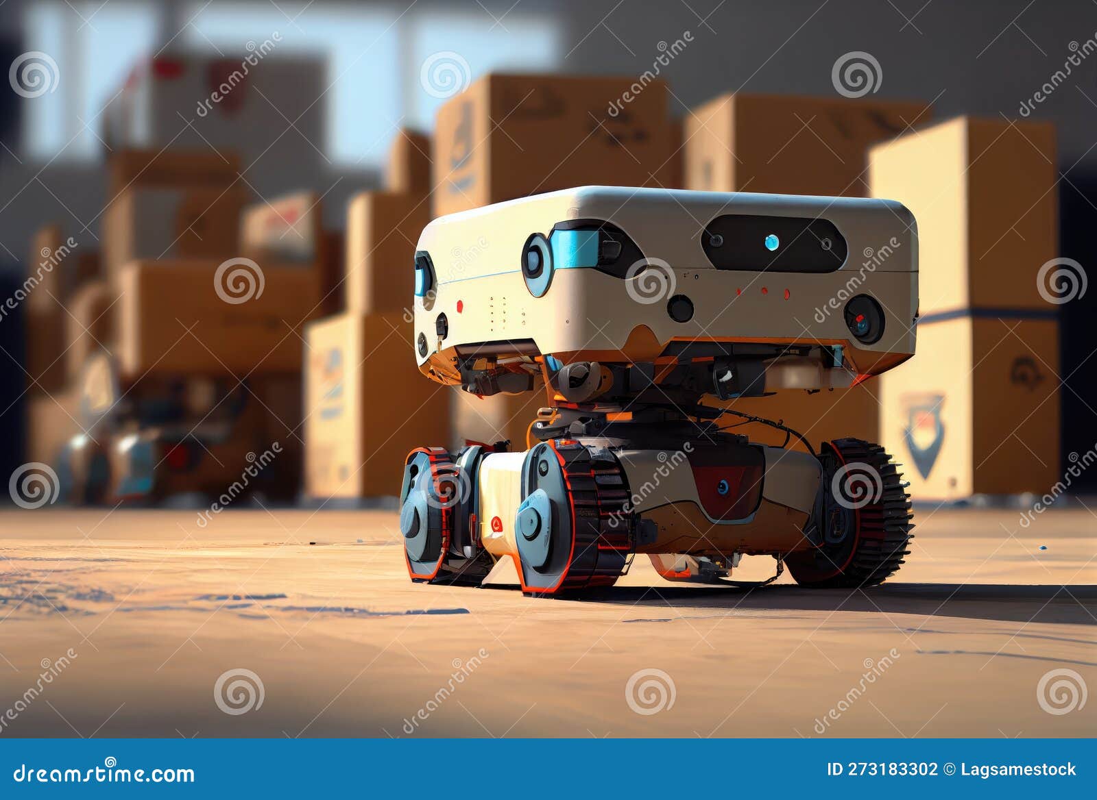 Robot AGV Transporting Cardboard Box in Warehouse Background ...