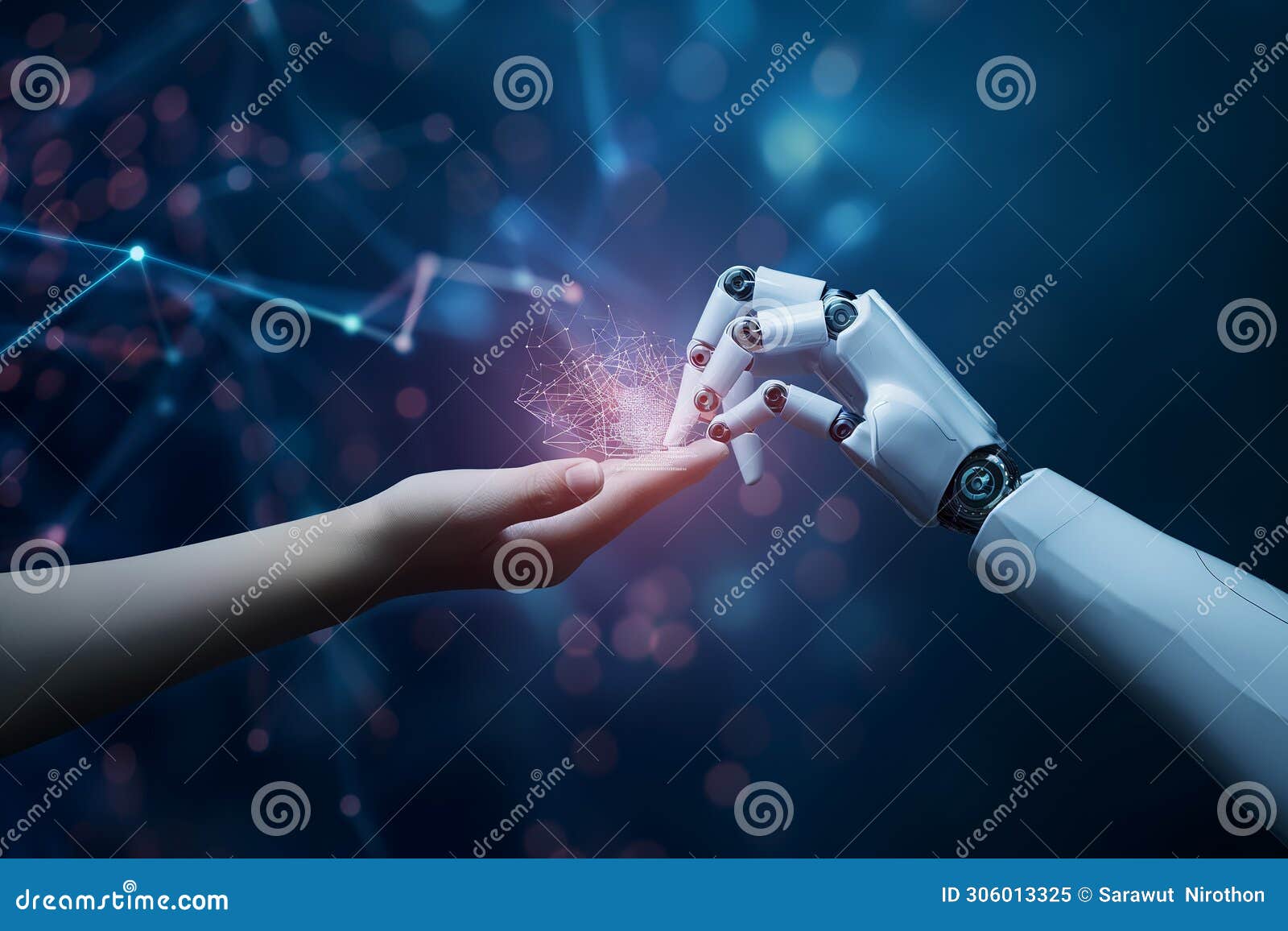 Robot AI, Machine Learning, Hands of Robot and Human Touching on Big Data Network Connection ...