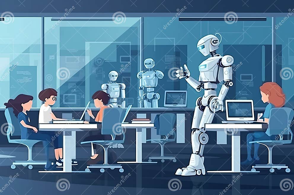 Robot Ai Technology is Teaching Students in Futuristic Classroom. Stock ...