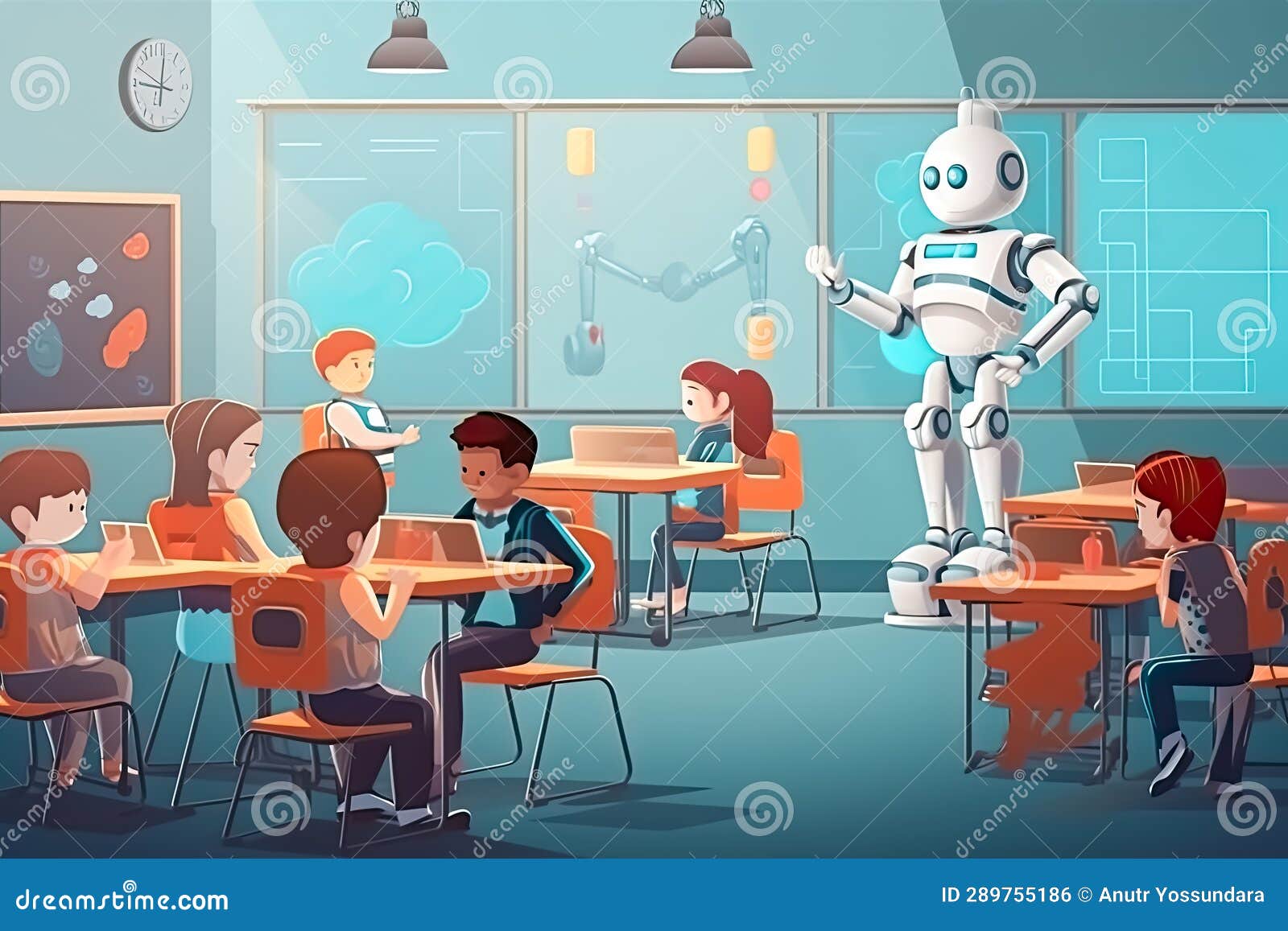 Robot Ai Technology is Teaching Students in Futuristic Classroom. Stock ...