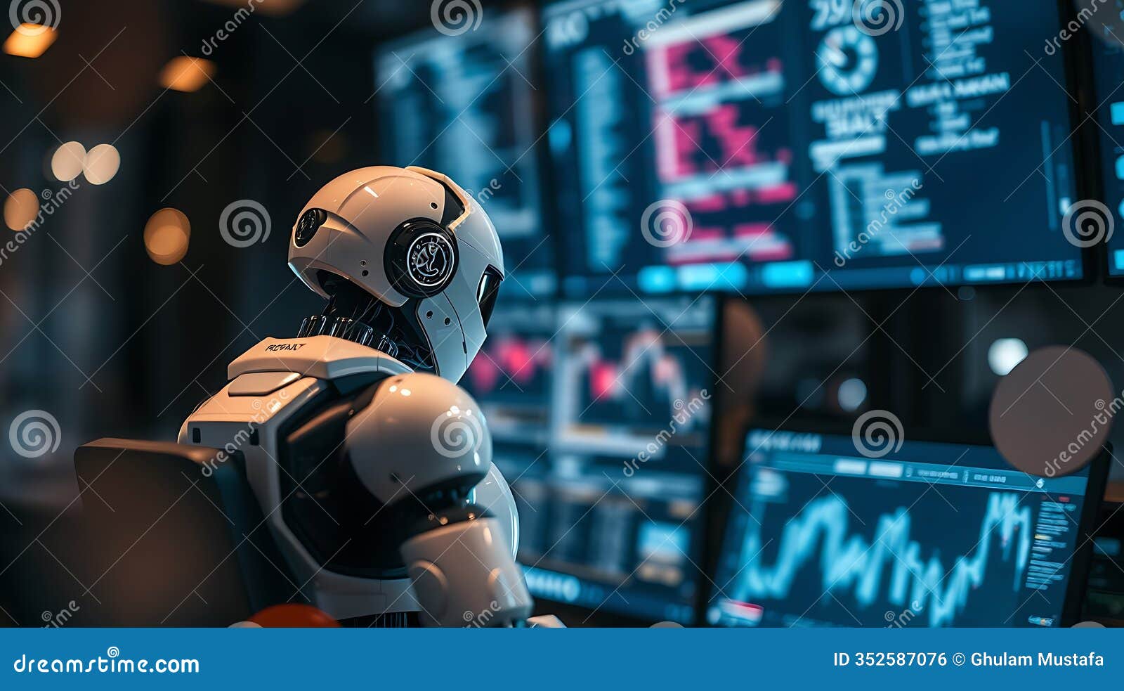 Robot Analyzing Complex Data on Multiple Screens Stock Illustration - Illustration of games ...