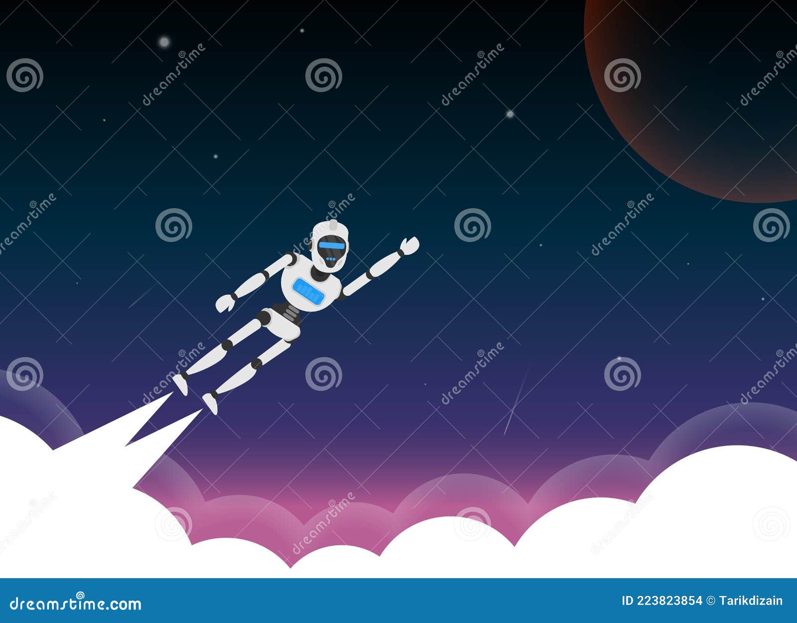 Robot Android Flying To Outer Space Planet Stock Vector - Illustration ...