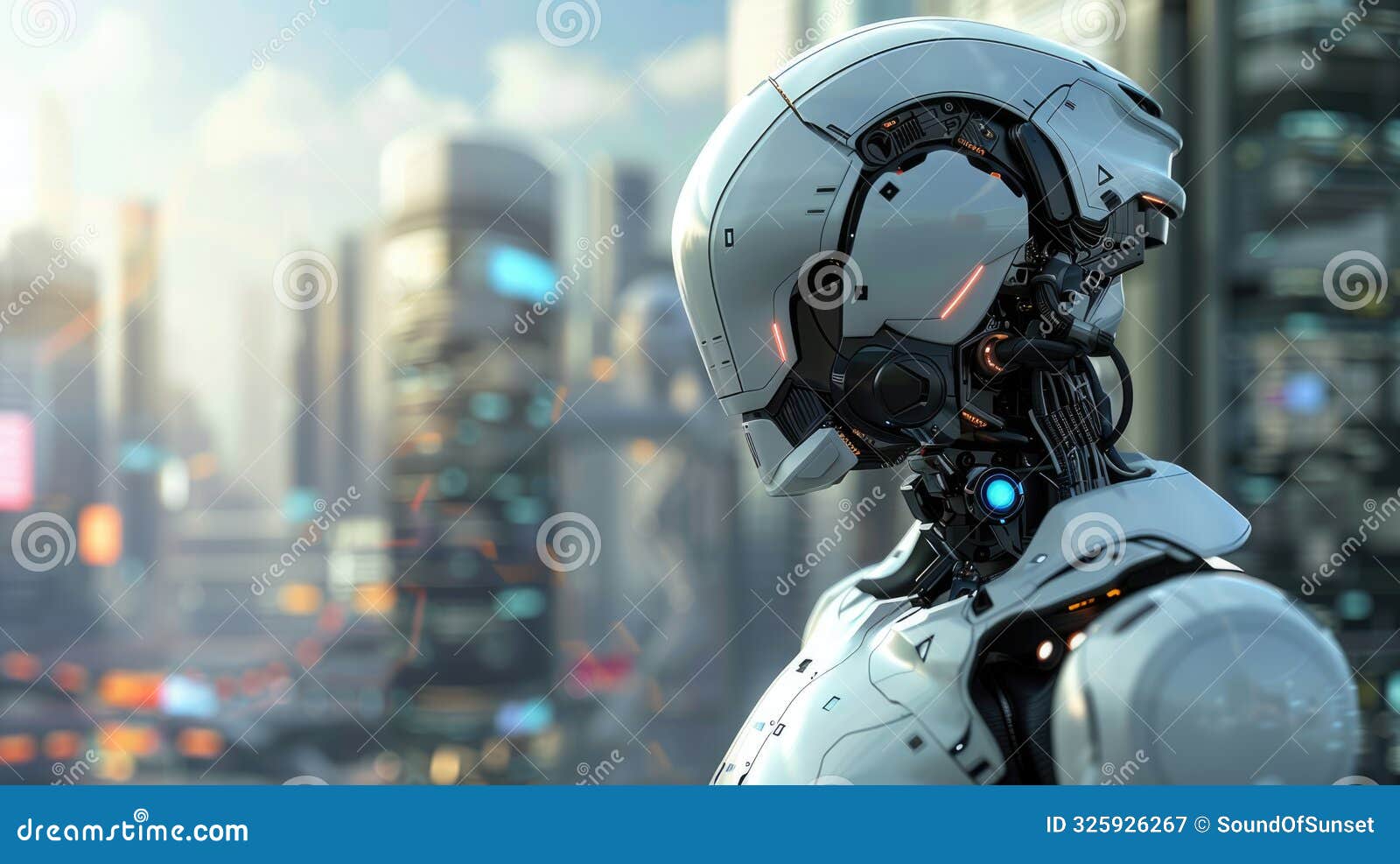 Robot Android in Futuristic City. Artificial Intelligence Technology ...