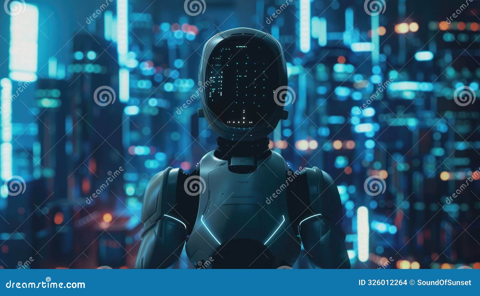 Robot Android in Futuristic City. Artificial Intelligence Technology ...