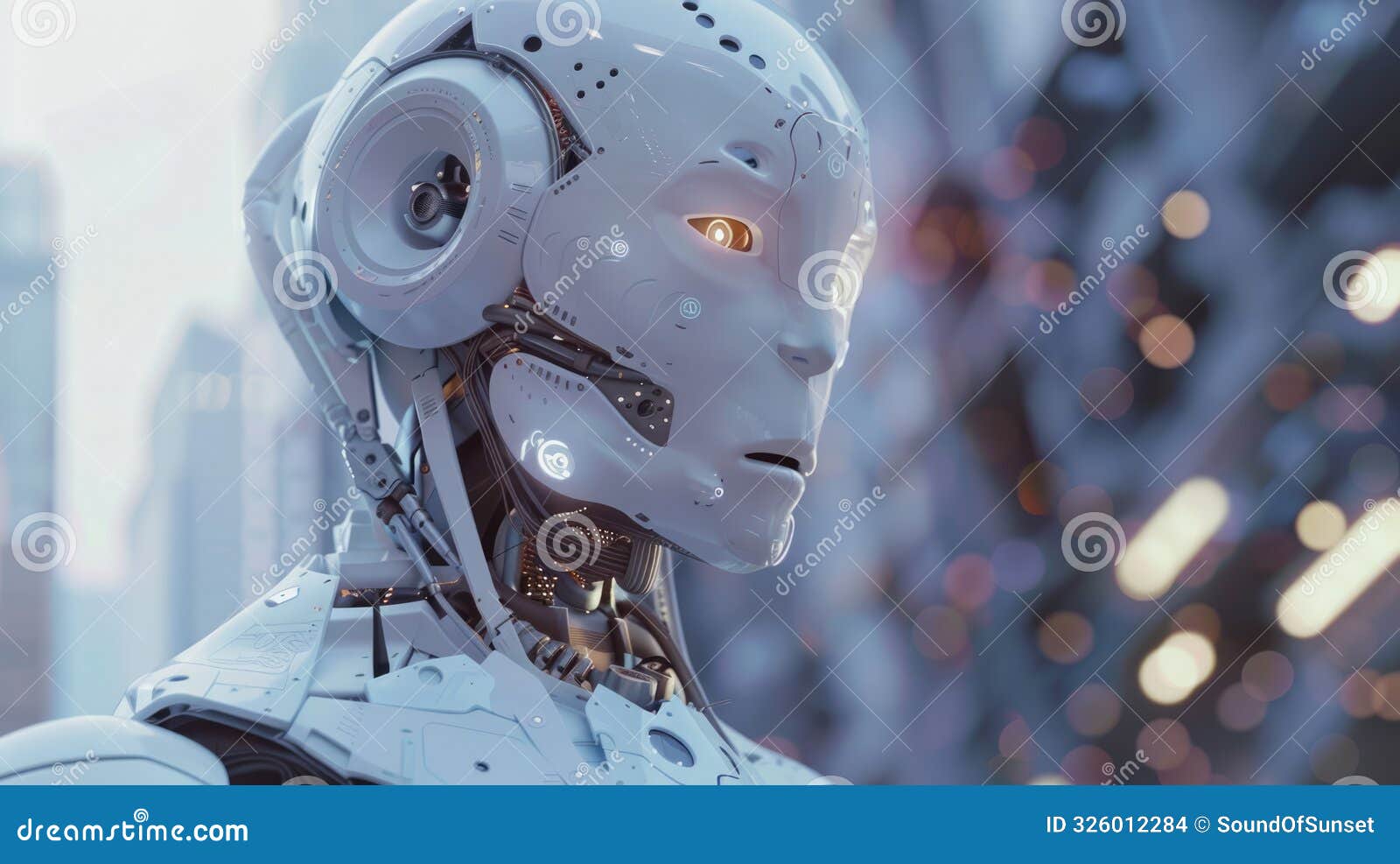Robot Android in Futuristic City. Artificial Intelligence Technology ...