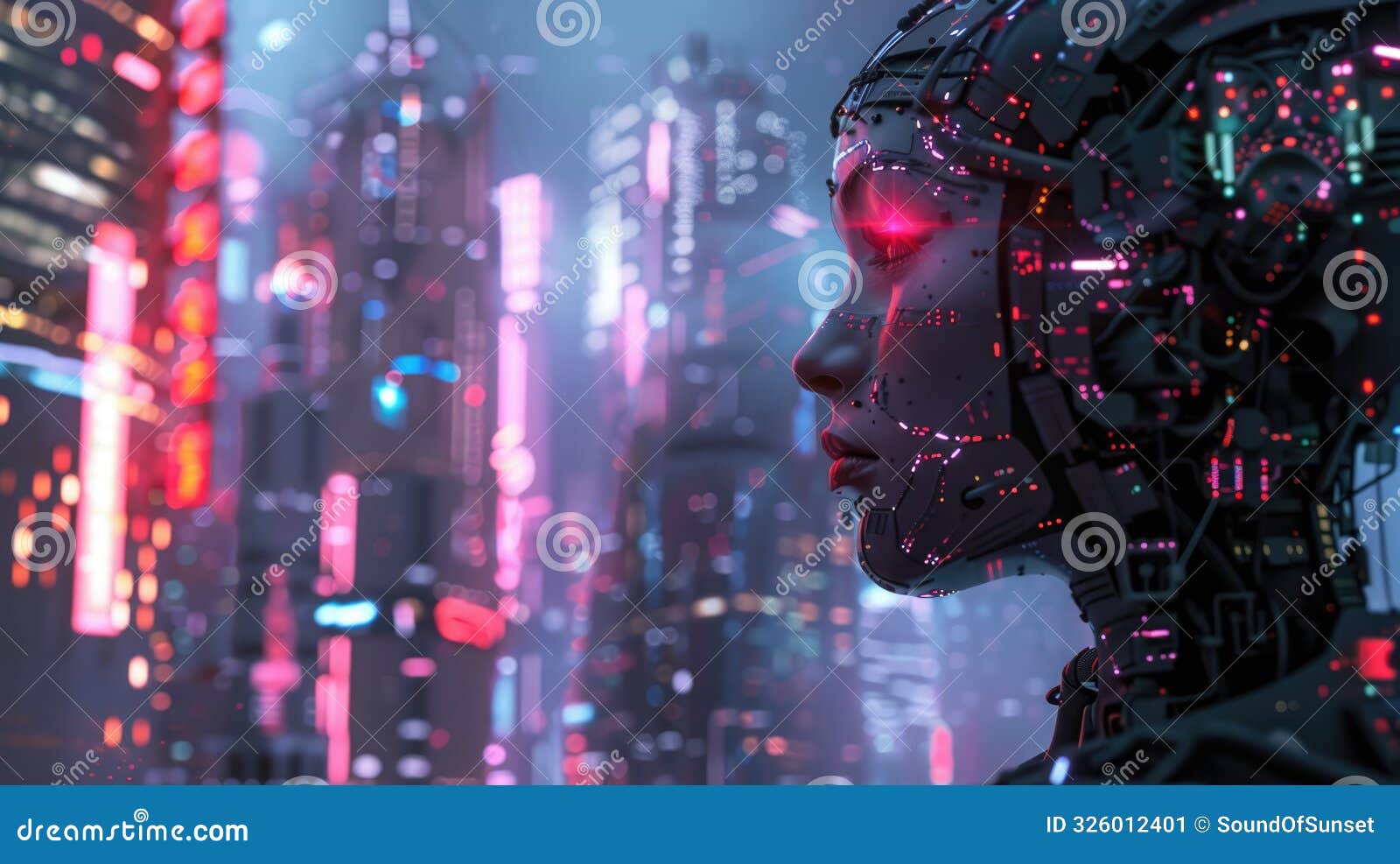 Robot Android in Futuristic City. Artificial Intelligence Technology ...