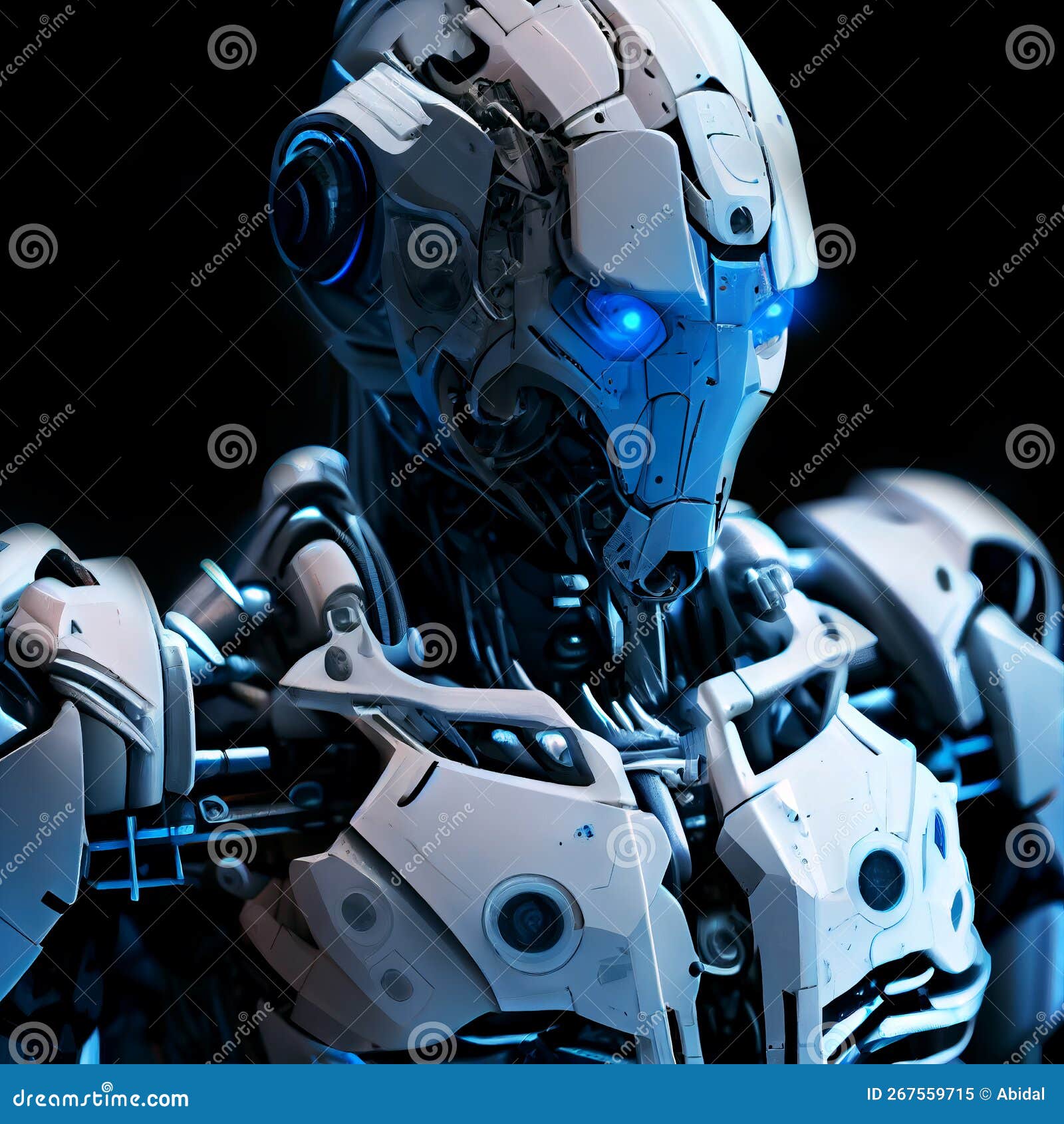 Robot Android Man with Blue Eyes and Blue Lights Stock Illustration ...