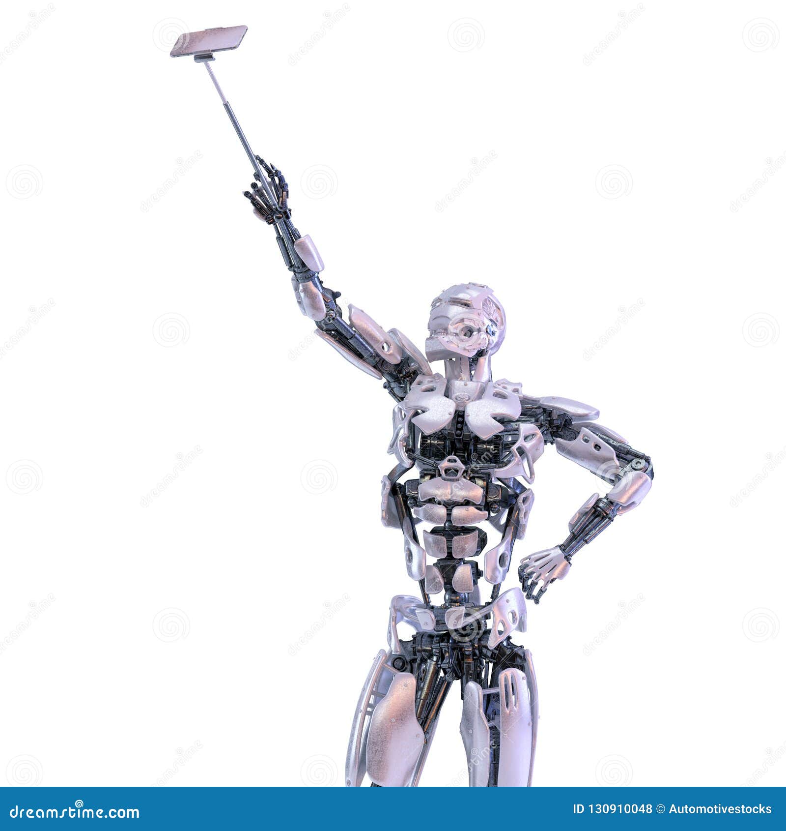 Robot Android Taking Selfie on Mobile or a Smartphone on Selfie Stick ...