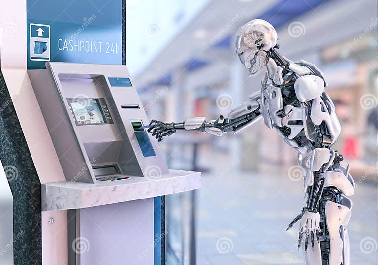 Robot Android Using an Automatic Teller Machine for Cash Withdrawal. 3D ...
