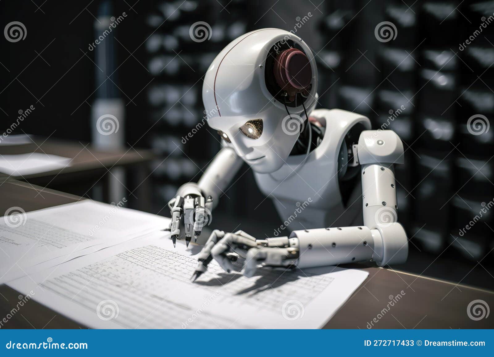 Robot with Angry Face Checking Papers and Reading Stock Illustration ...