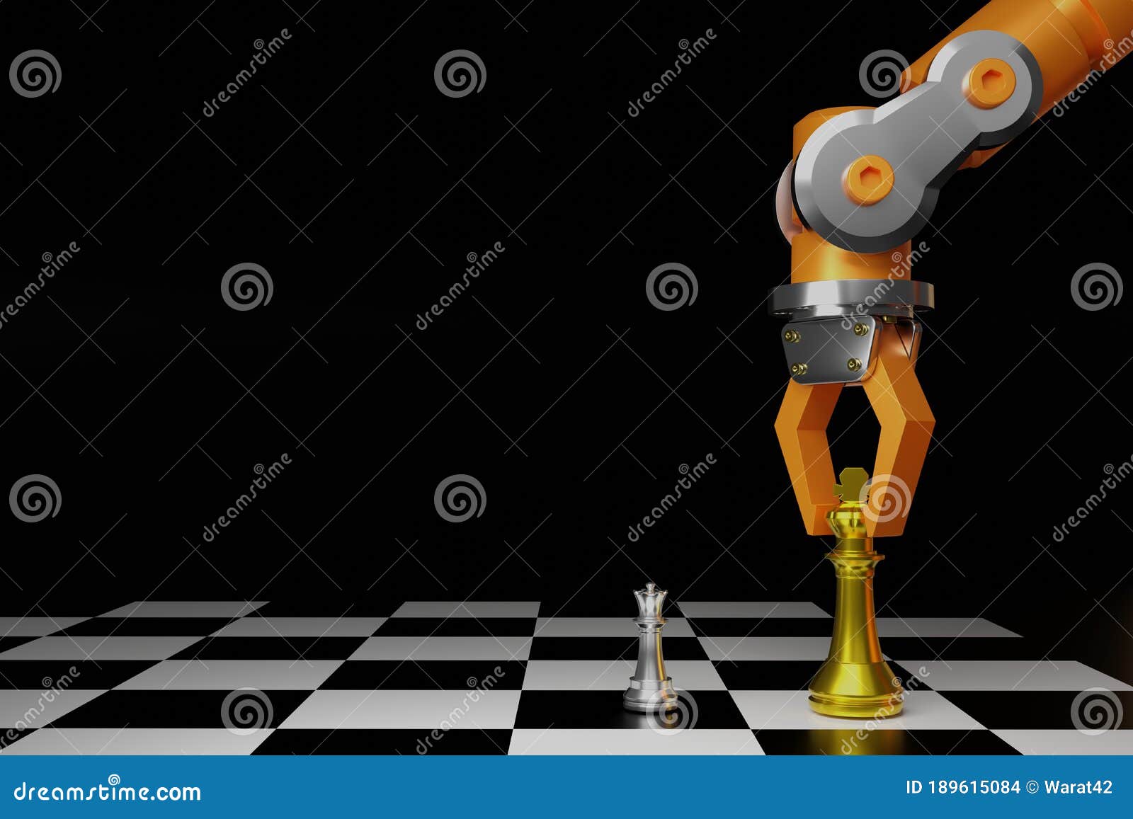 Robot Arm with Chess Pieces and Board on Black Background ,3d Rendering ...