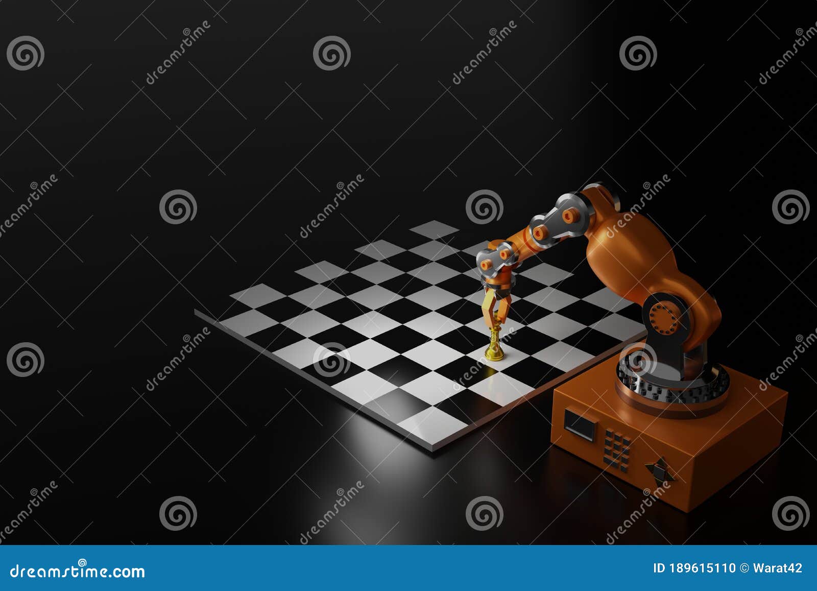 Robot Arm with Chess Pieces and Board on Black Background ,3d Rendering ...