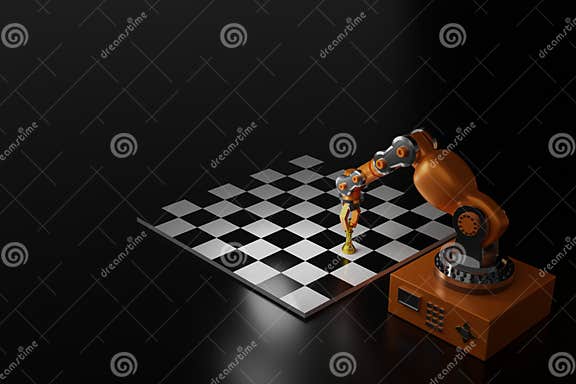 Robot Arm with Chess Pieces and Board on Black Background ,3d Rendering ...
