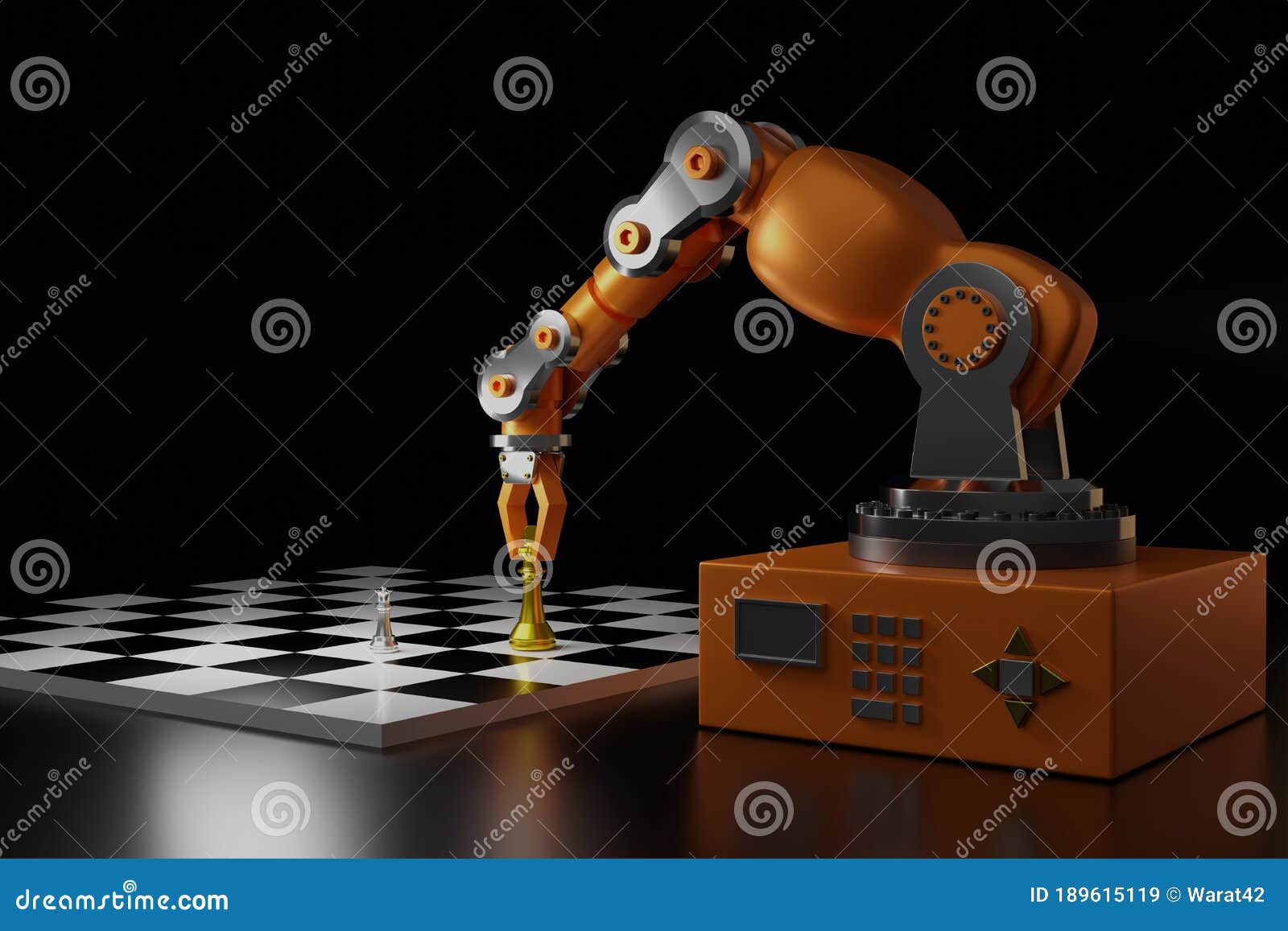Robot Arm with Chess Pieces and Board on Black Background ,3d Rendering ...
